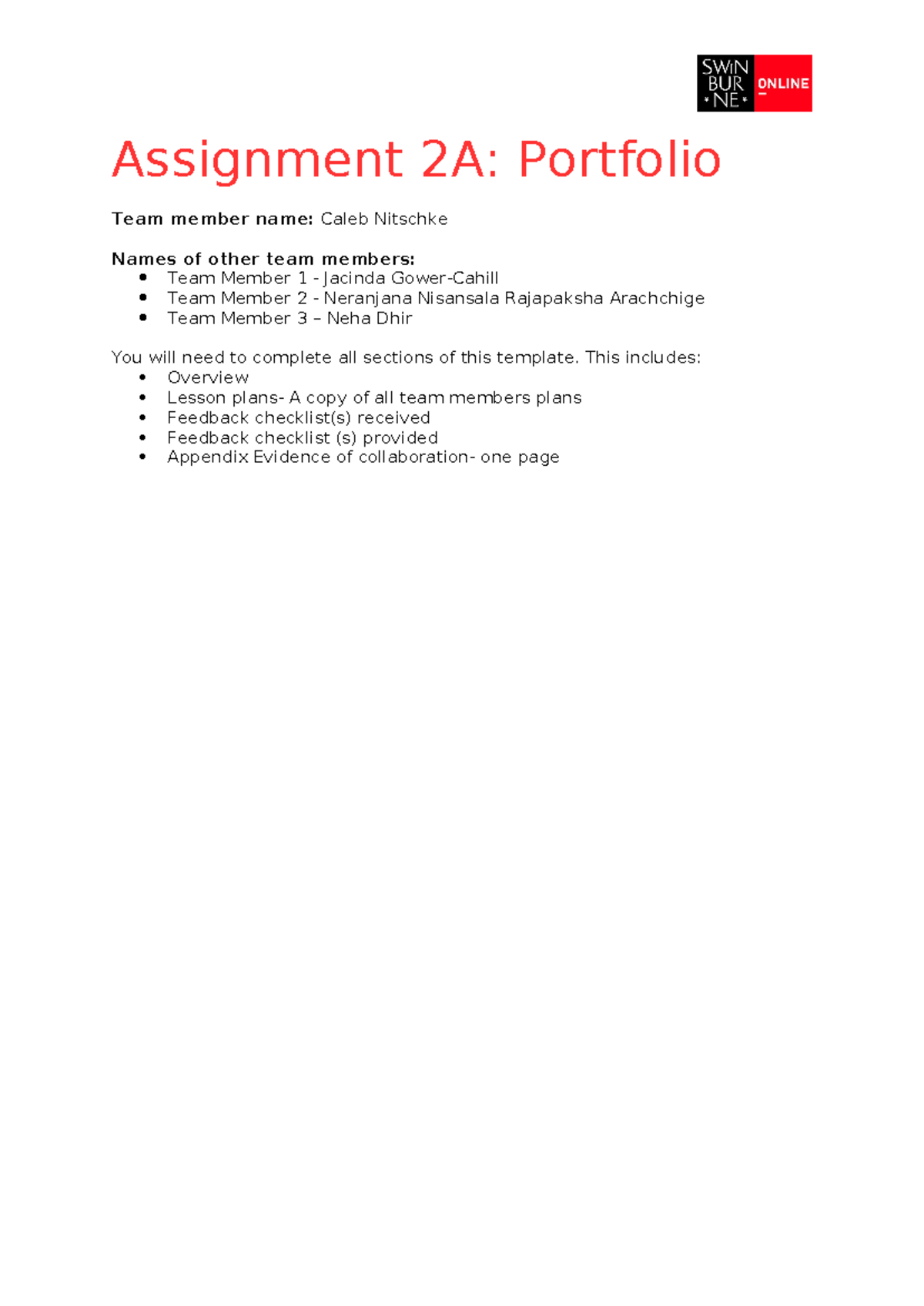 Assignment 2A Portfolio - Assignment 2A: Portfolio Team member name ...