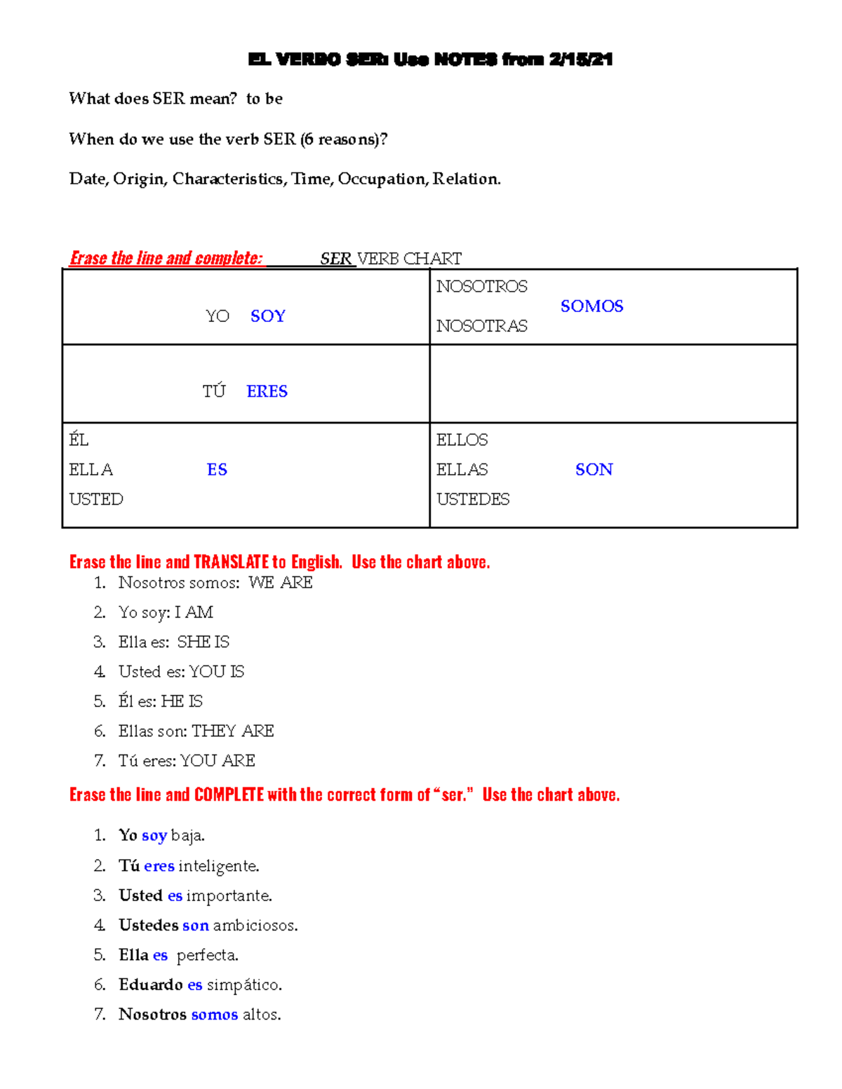 Eniyeh Etokhana - SP 1 Classwork SER Practice 2 19 - EL VERBO SER: Use ...