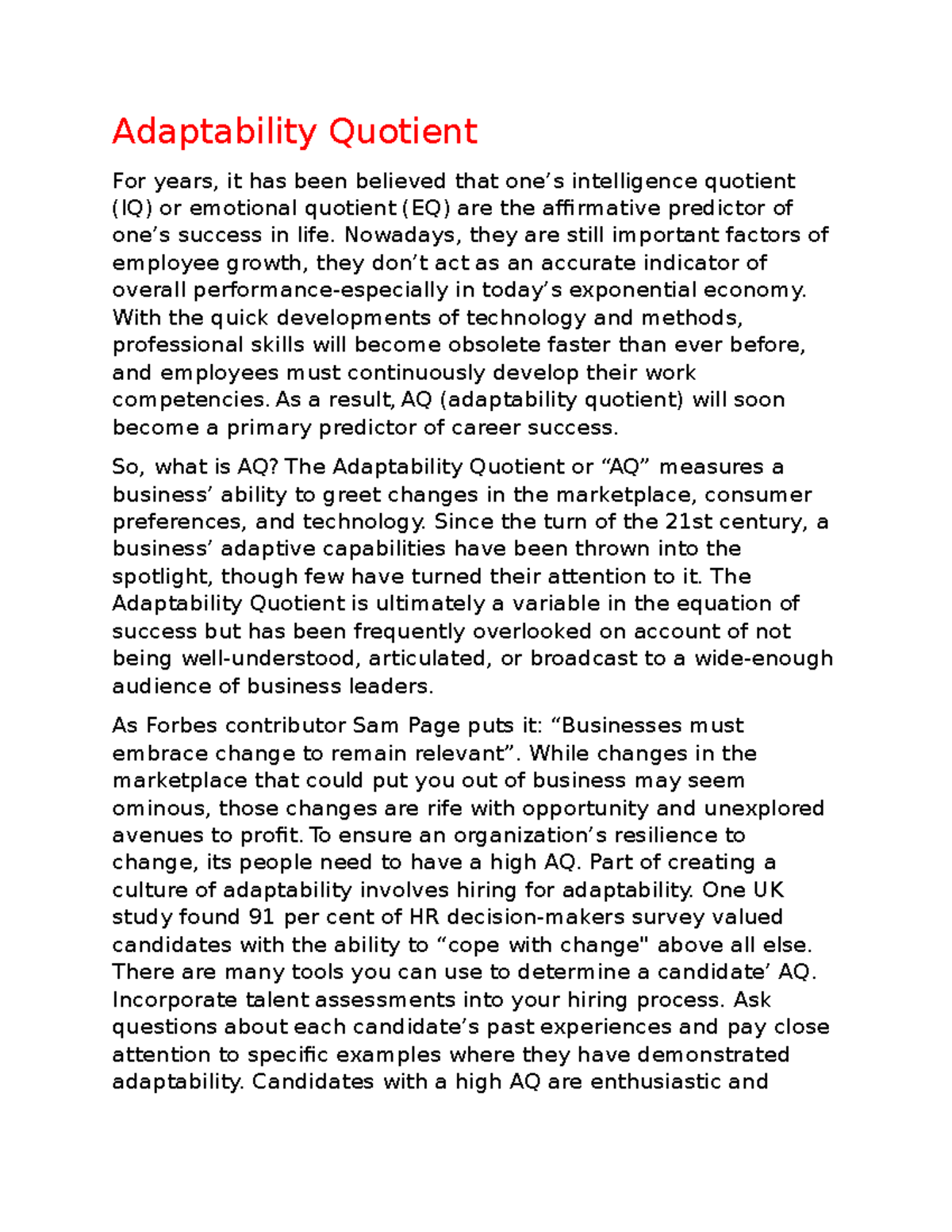 Adaptability Quotient UPLOAD - Adaptability Quotient For years, it has ...