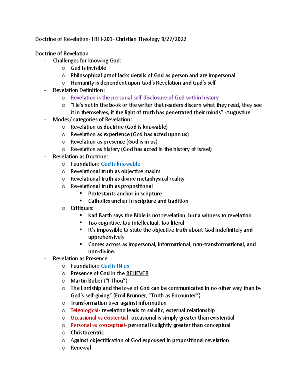 Doctrine of Revelation notes - Doctrine of Revelation- HTH-201 ...