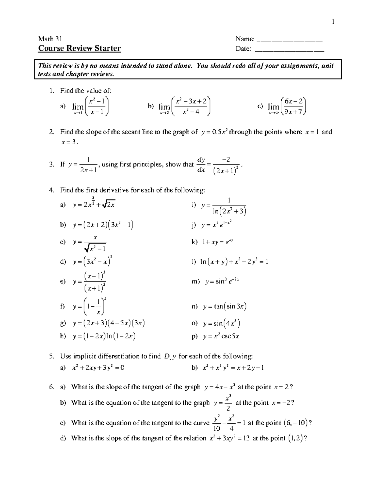 Course Review Starter WS - Math 31 Name: __________________ Course ...