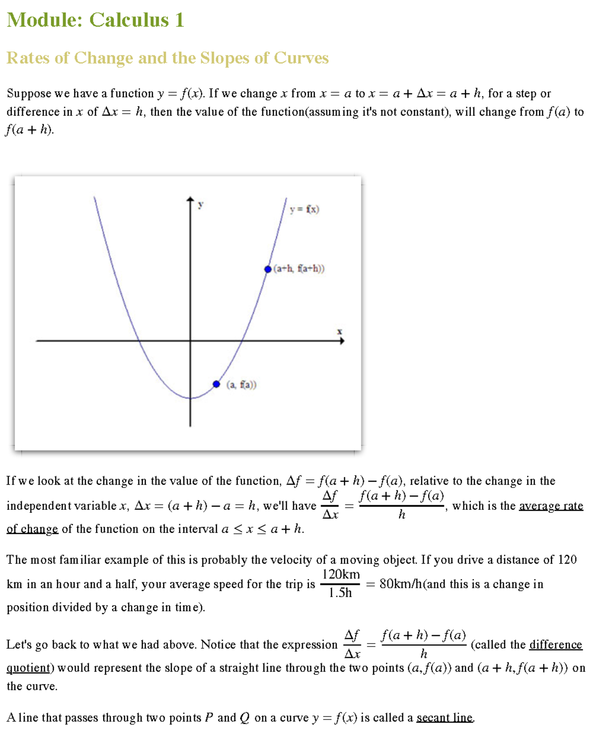 Rates of Change and the Slopes of Curves Module 1 - Module: Calculus 1 ...