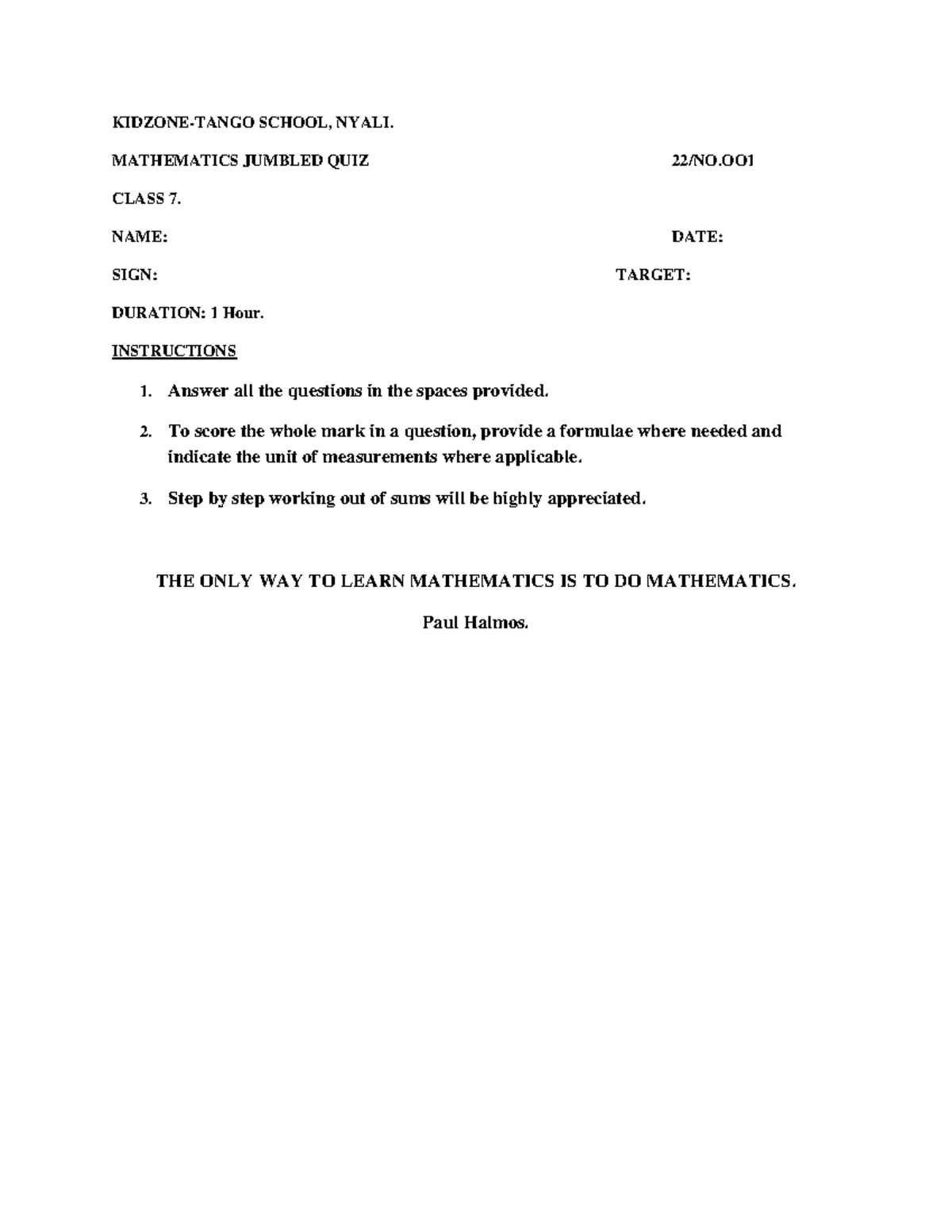 Grade 7 MATH QUIZ - A good resource. - KIDZONE-TANGO SCHOOL, NYALI ...