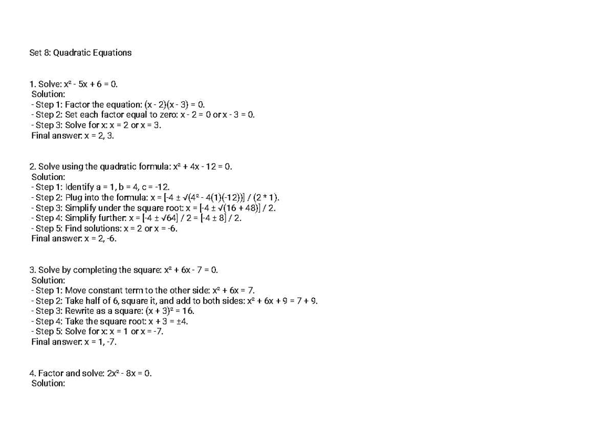 Math aiexam 2024 - Set 8: Quadratic Equations Solve: x² - 5x + 6 = 0 ...