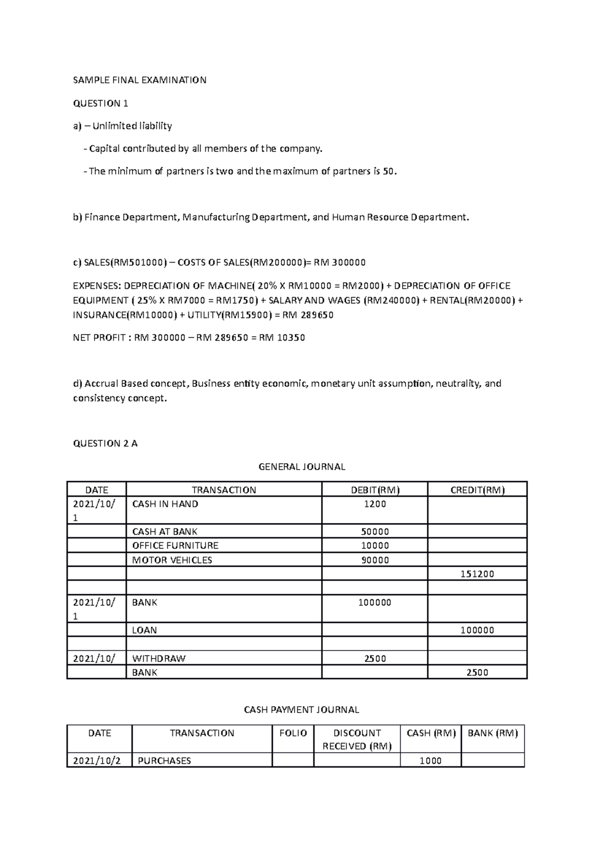 Sample Final Examination - SAMPLE FINAL EXAMINATION QUESTION 1 a ...