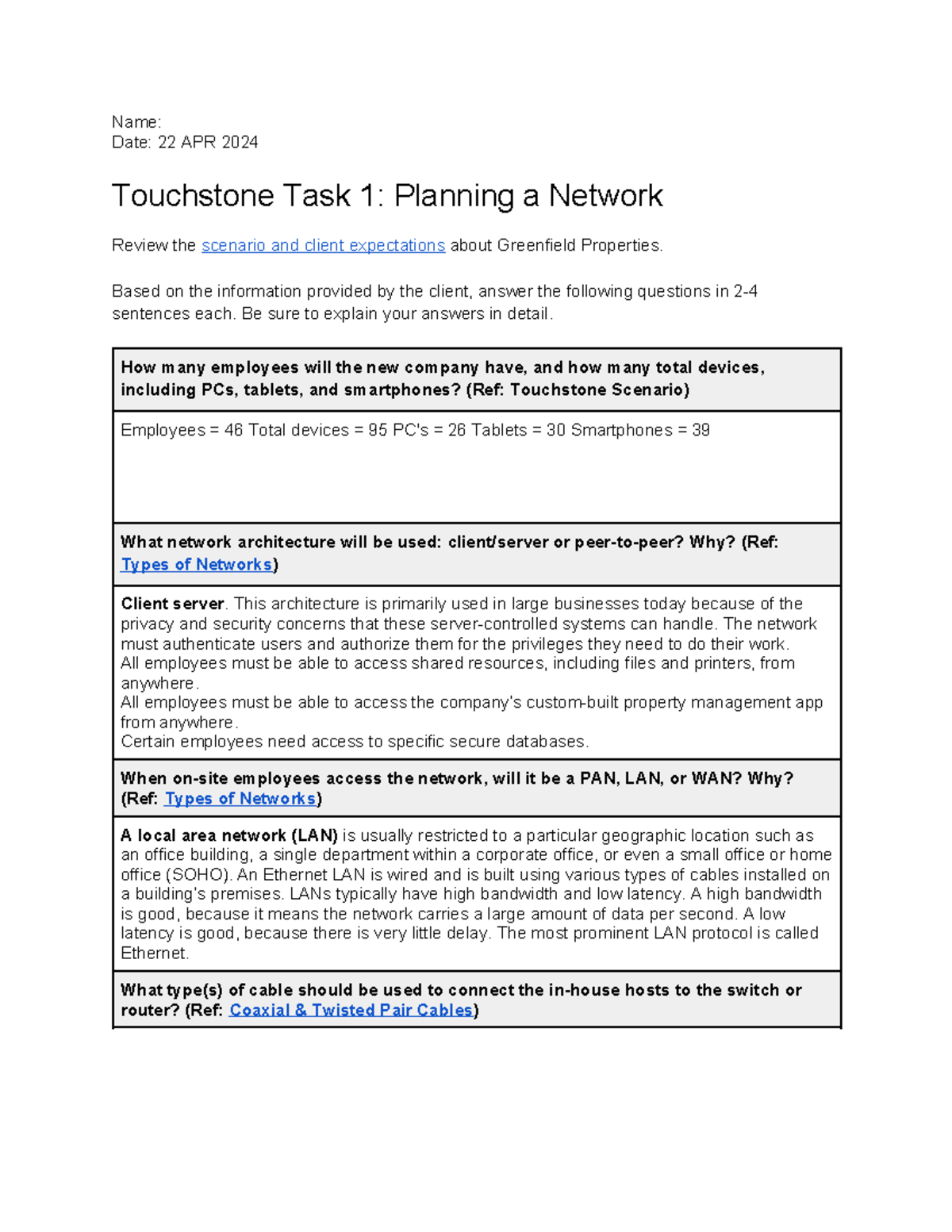 Touchstone Task 1 Planning a Network Infrastructure Questions - Name ...