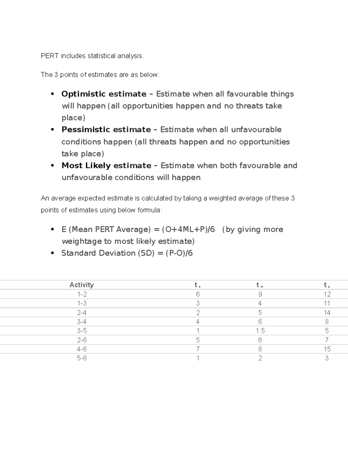 PERT includes statistical analysis - The 3 points of estimates are as ...