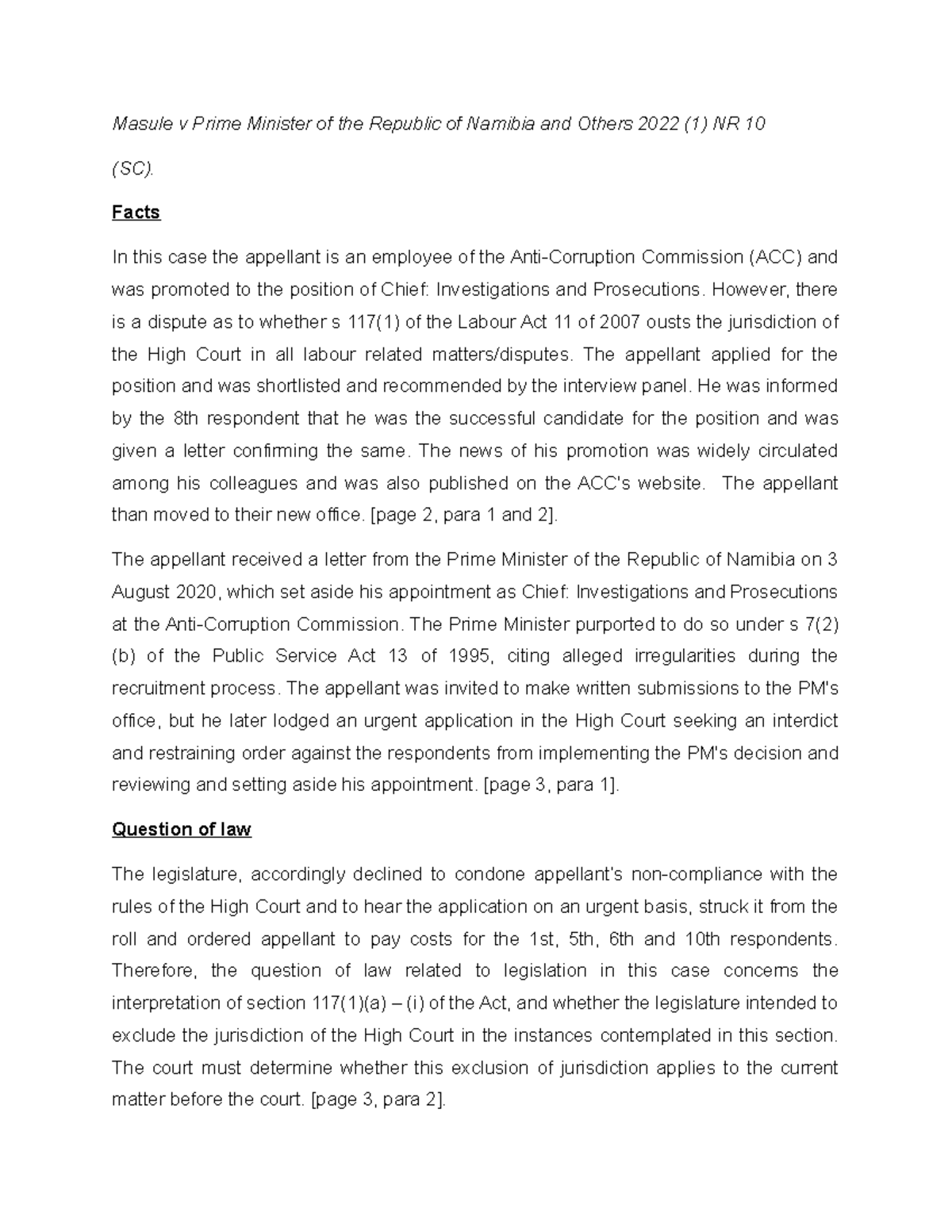 Topic 7 Workshop (1) - Masule v Prime Minister of the Republic of ...