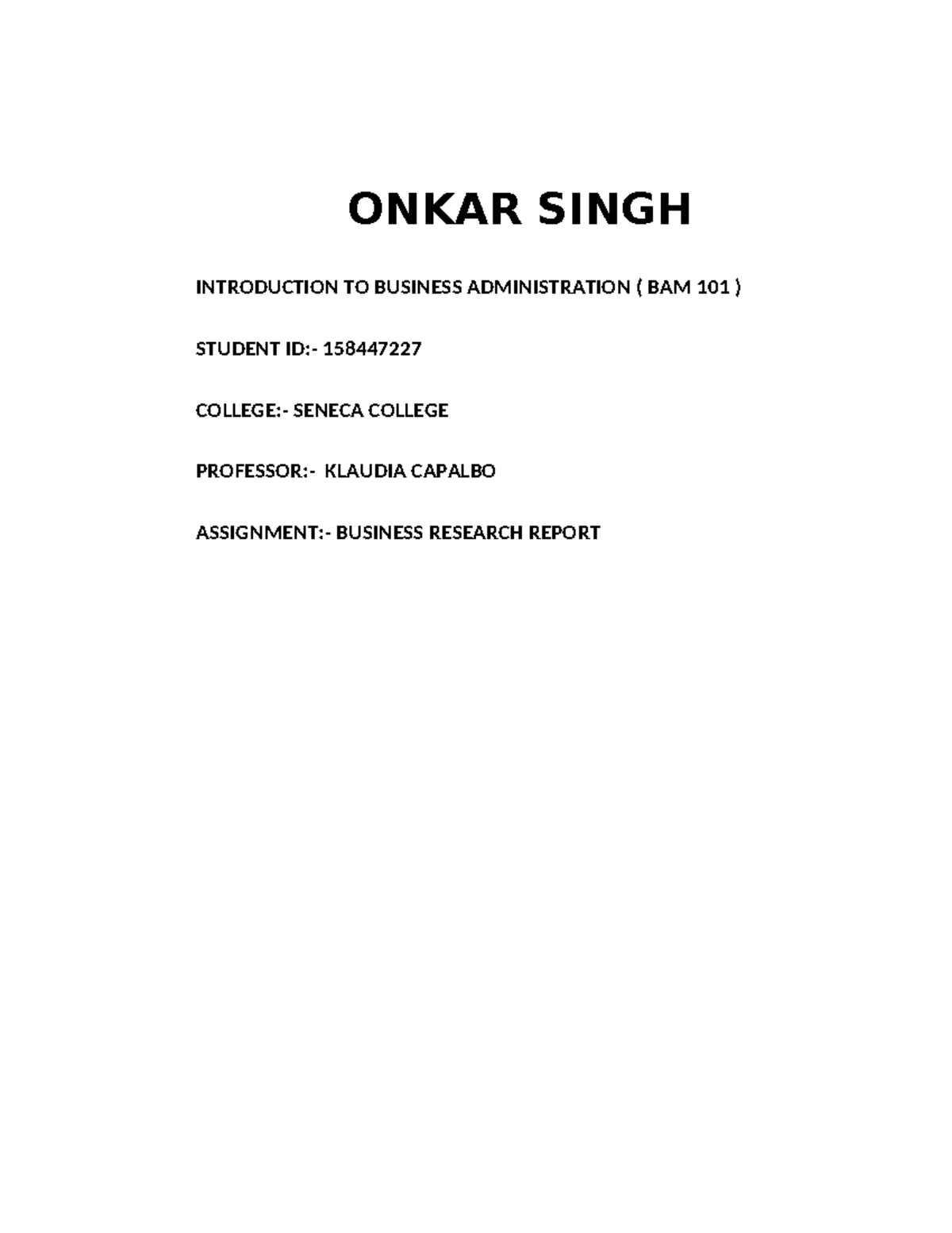 Bam 101 assignment - GOT 40 OUT OF 50 - ONKAR SINGH INTRODUCTION TO BUSINESS ADMINISTRATION ...