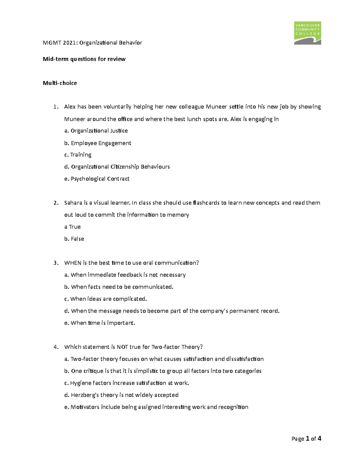 Organizational Behavior Quiz Questions - Studocu