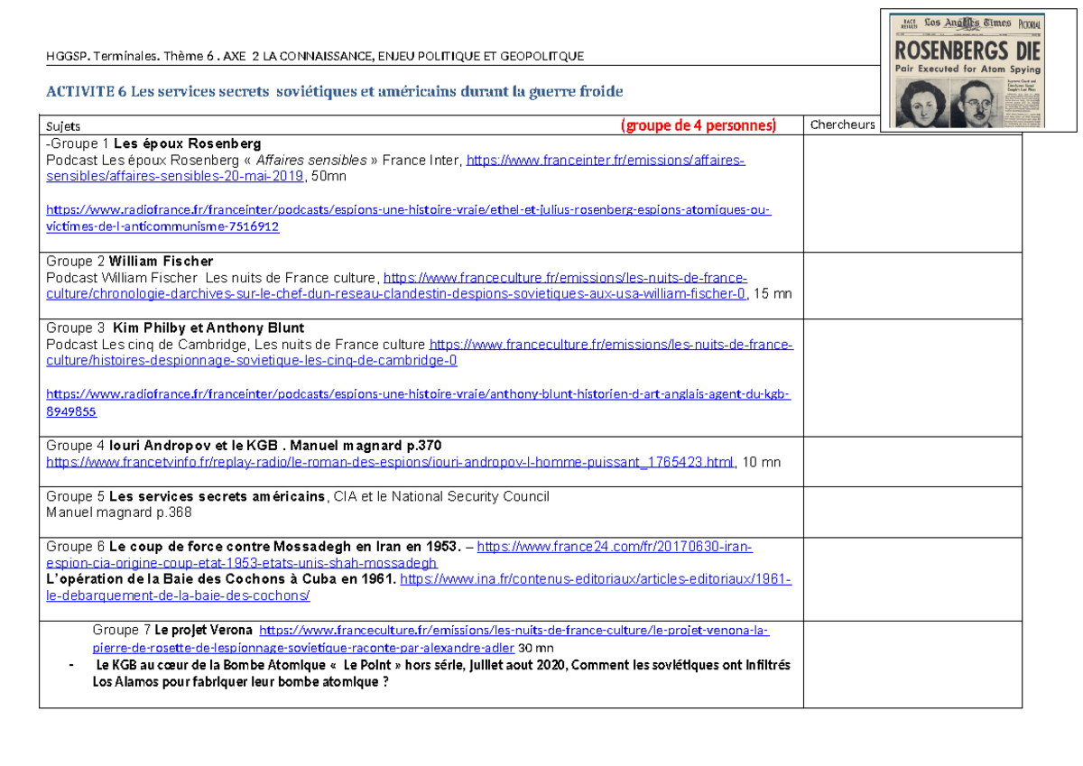 2.1 AXE 2 Jalon 1 sujets d'exposés espionnage - HGGSP. Terminales. Thème 6. AXE 2 LA ...
