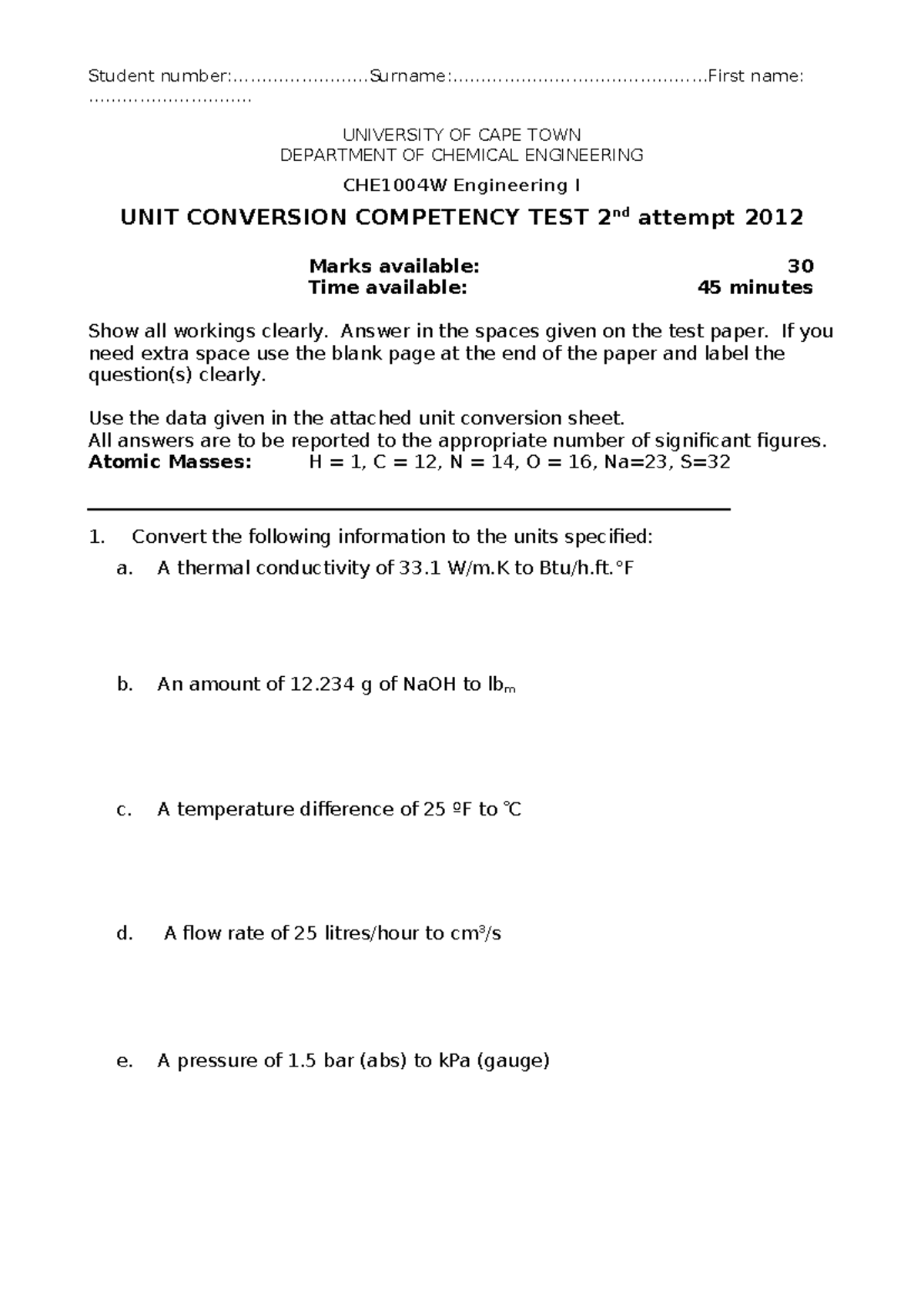 2012 Unit Conversion Test 2 - Student - Studocu
