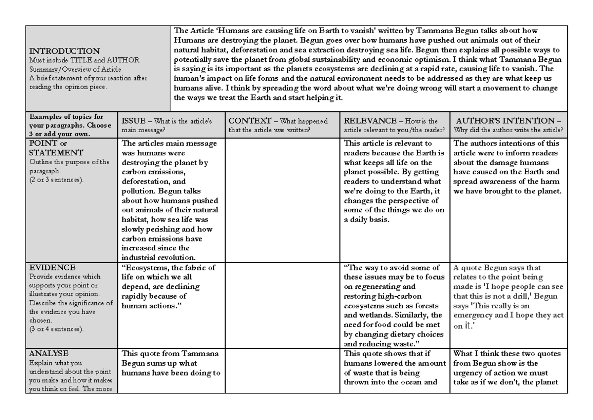 Reading Log Template - Opinion Article Evidence Gathering Table ...