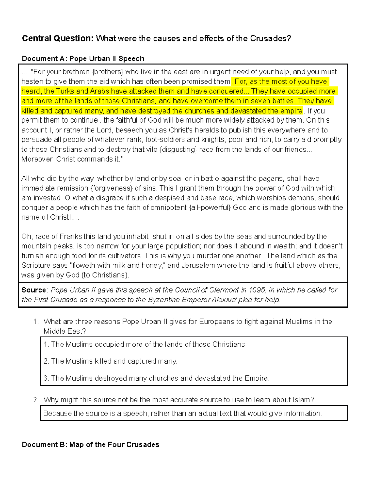 The Crusades Document Analysis - Central Question: What were the causes ...