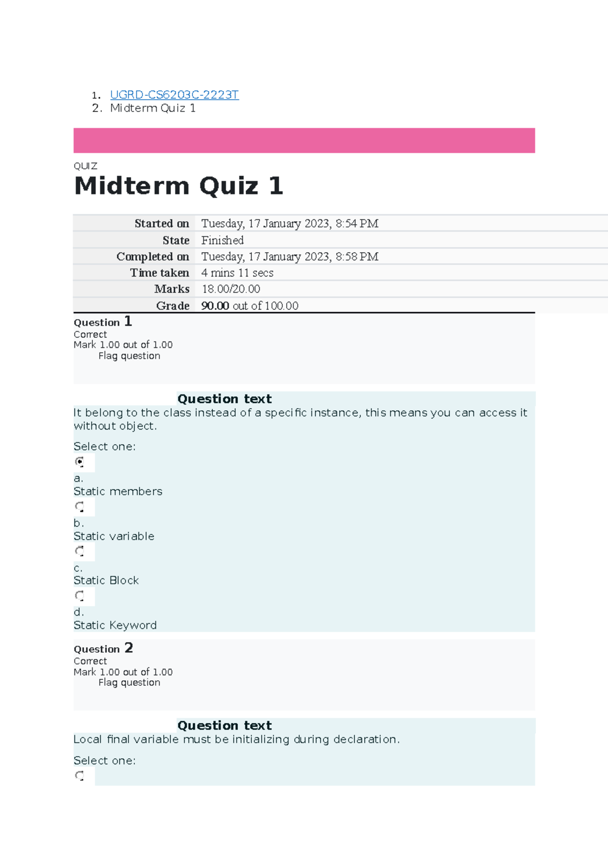 UGRD-CS6203 C Object Oriented Programming Midterm Quiz 1 Part 1 - 1. UGRD-CS6203C-2223T Midterm ...