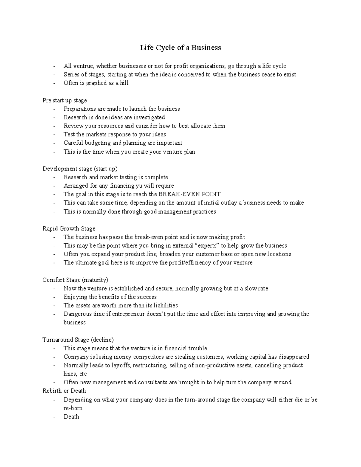 Life Cycle of a Business - Notes - Life Cycle of a Business All ventrue ...