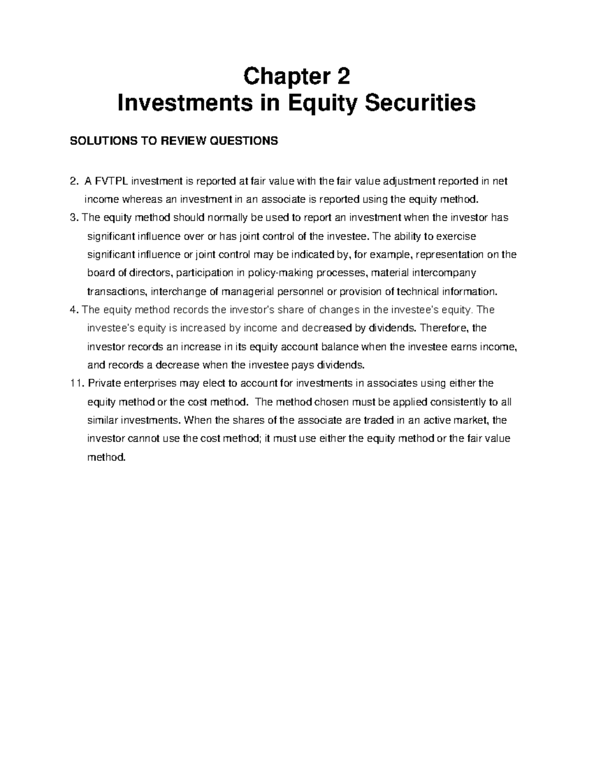 Chapter 2 Practice Question's Answers - Chapter 2 Investments in Equity ...