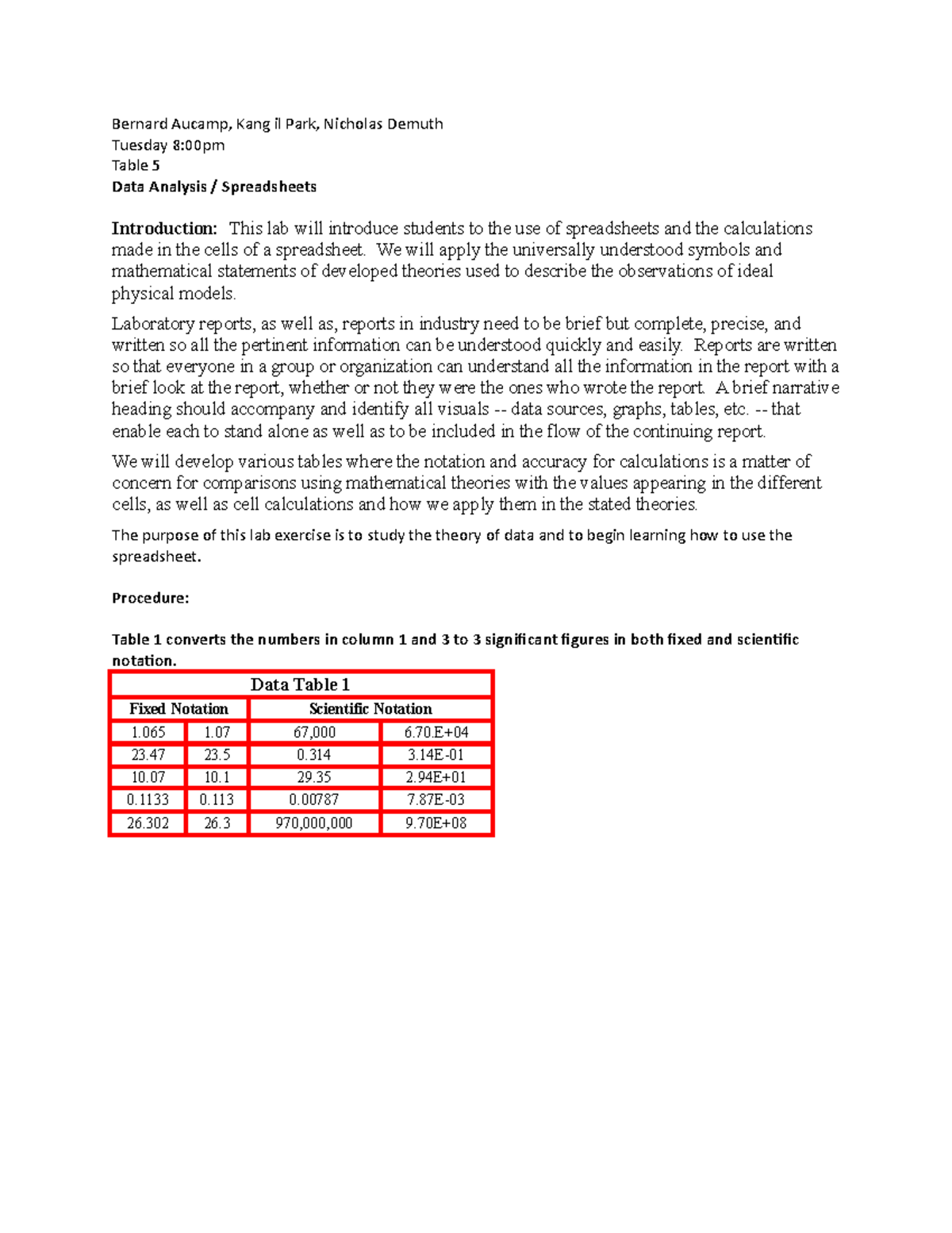 PHYS 111 Lab 1 - week 1 lab with questions and answers - Bernard Aucamp, Kang il Park, Nicholas ...