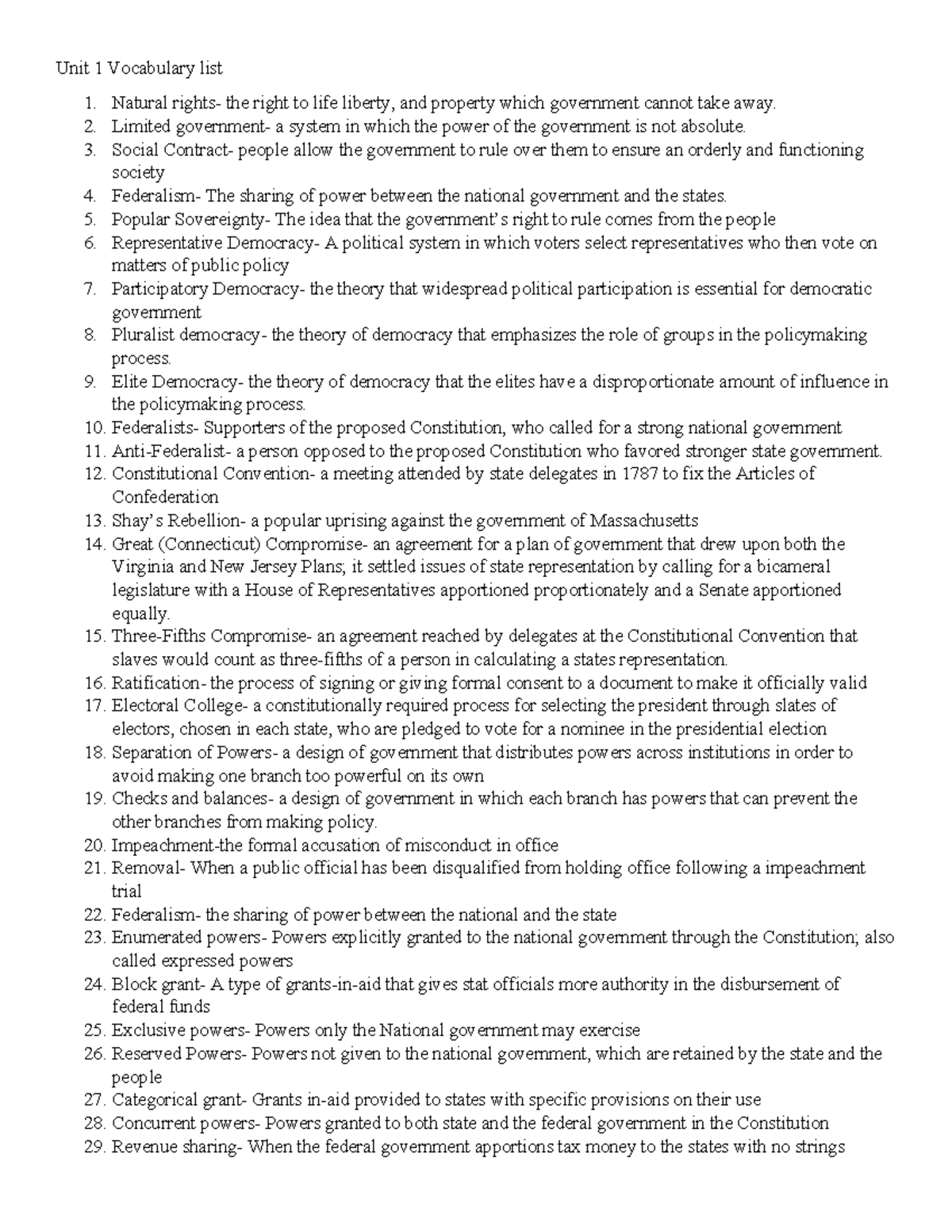 Unit 1 Vocabulary list - Unit 1 Vocabulary list 1. Natural rights- the ...