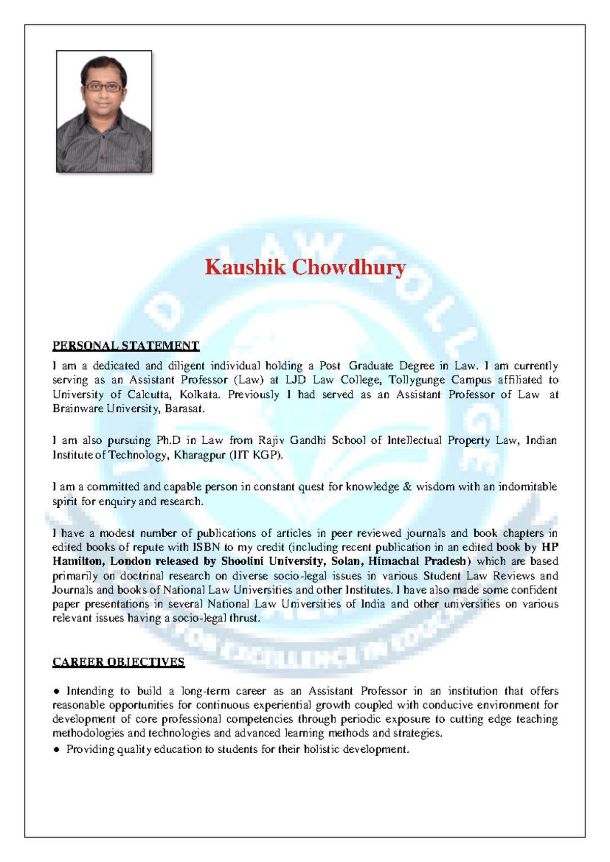 Kaushik-Chowdhury - Hjkkk - Kaushik Chowdhury PERSONAL STATEMENT I am a ...