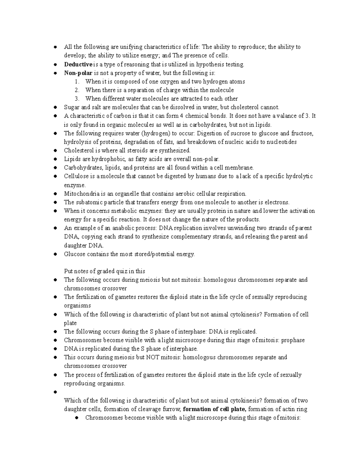 Notes for BIOL - All the following are unifying characteristics of life ...