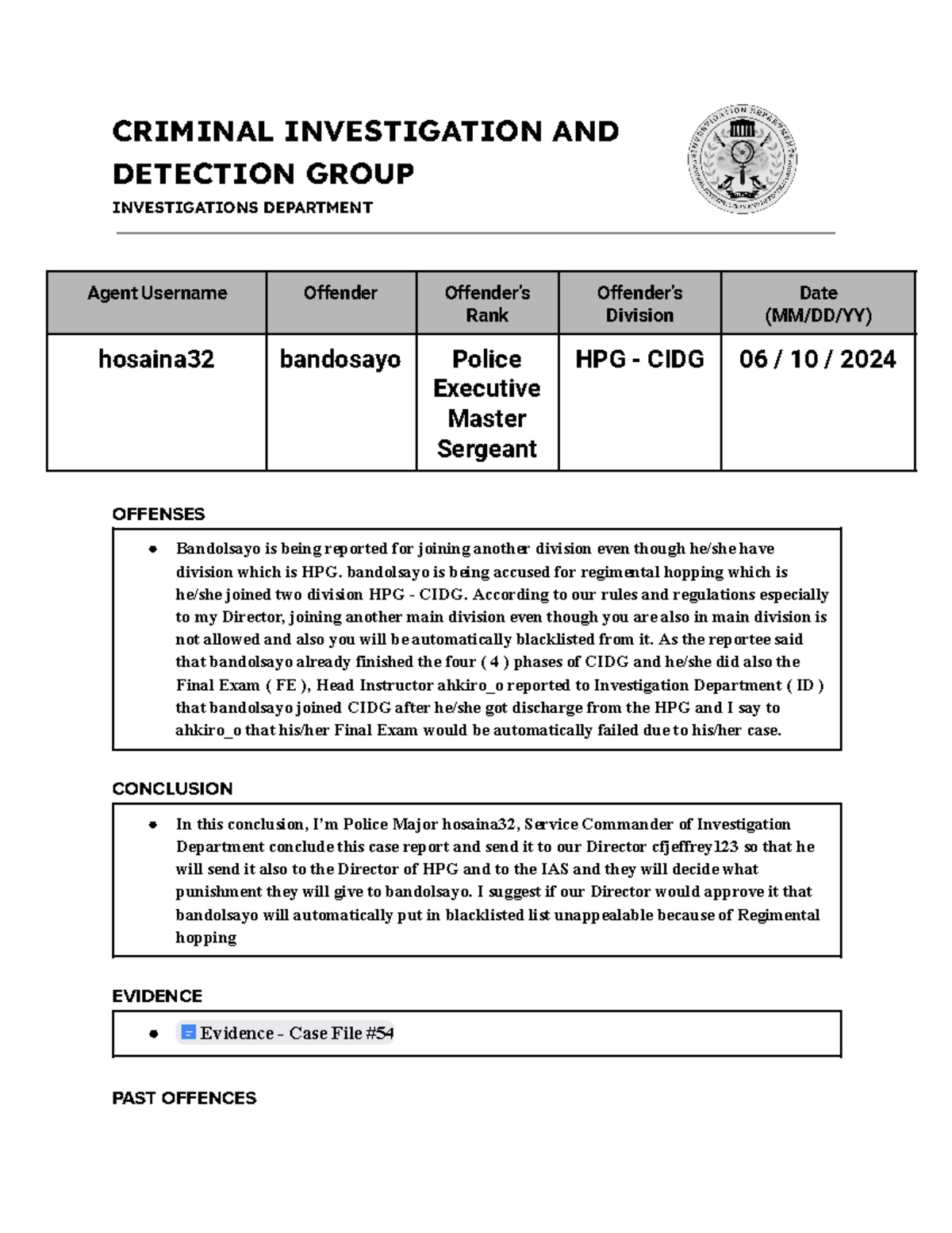 CIDG - Case File #54 - daw - CRIMINAL INVESTIGATION AND DETECTION GROUP INVESTIGATIONS ...