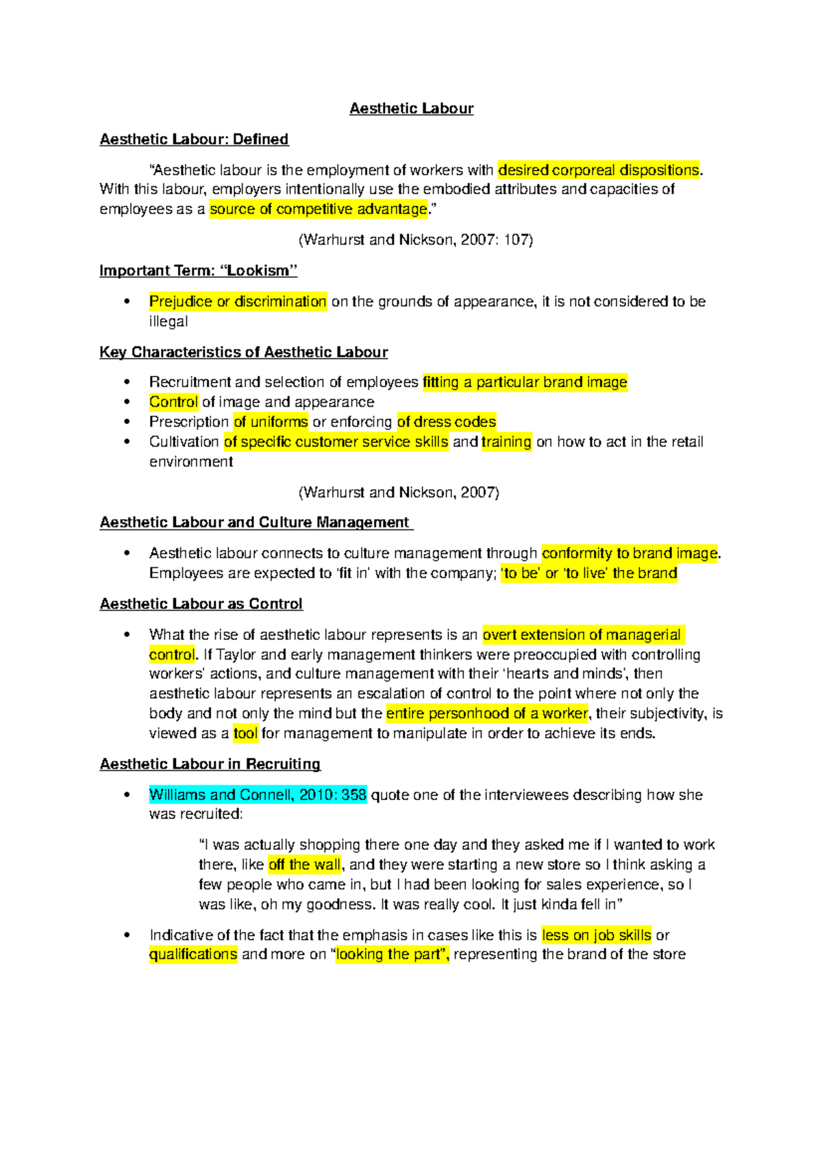 Aesthetic Labour - Lecture notes 1 - Aesthetic Labour Aesthetic Labour ...