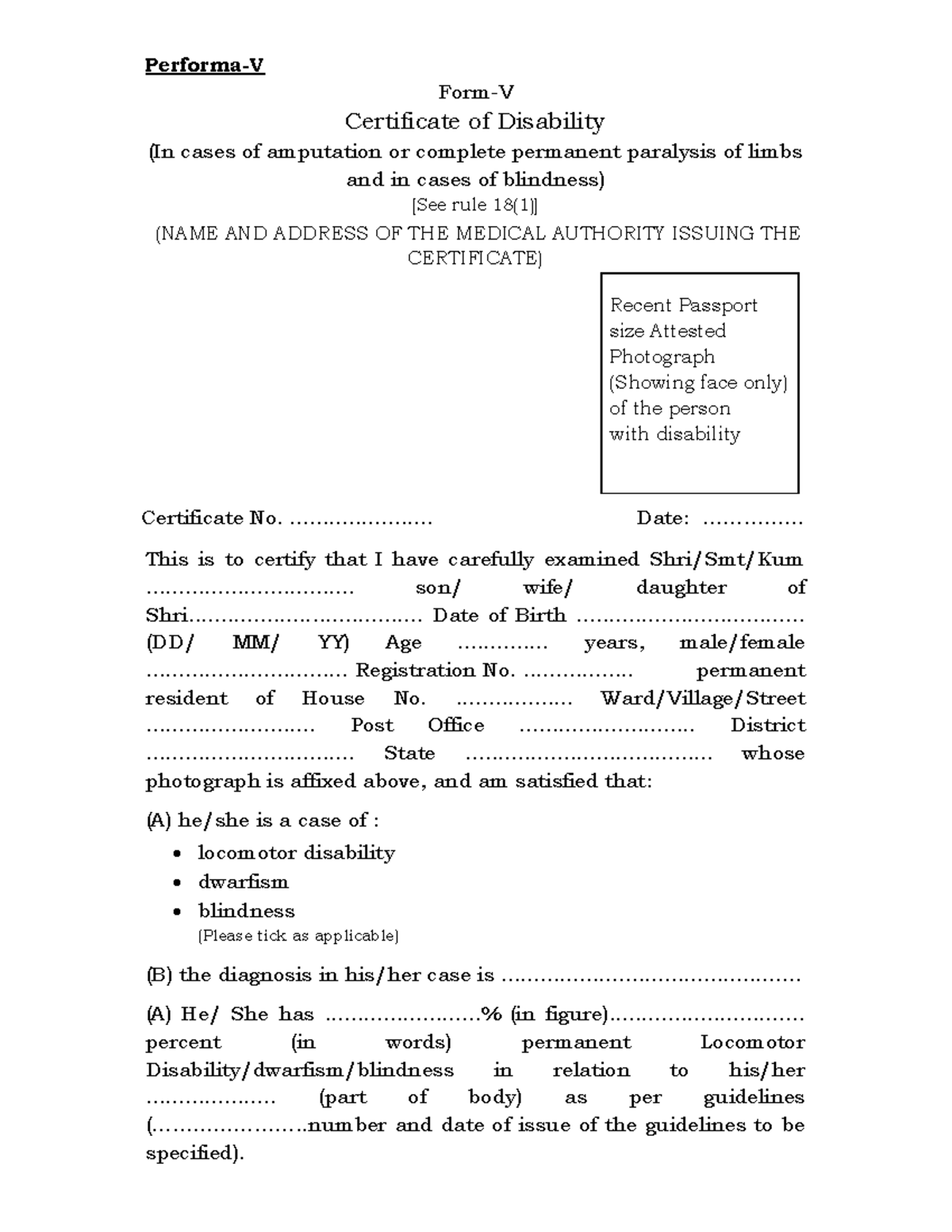 48 - upsc forms and iit results - Performa-V Form-V Certificate of Disability (In cases of - Studocu