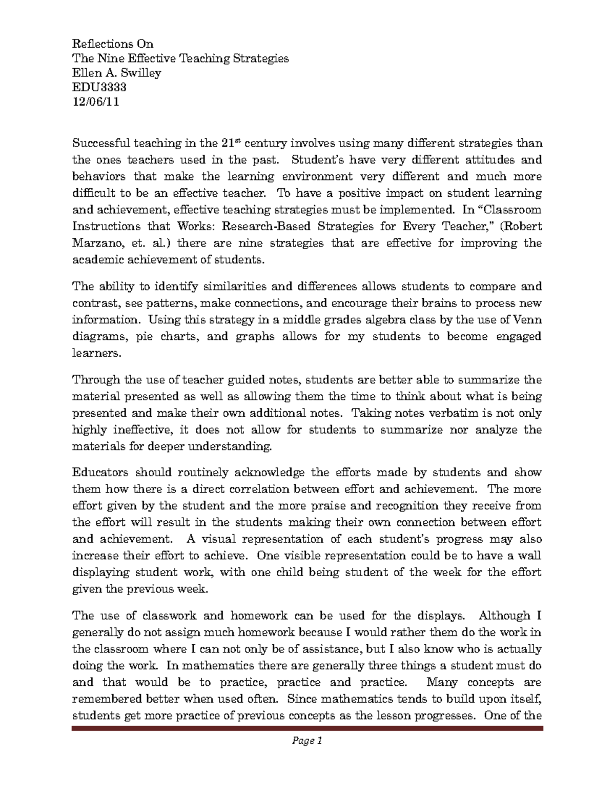 Reflections on the Nine Effective Teaching Strategies - Reflections On ...