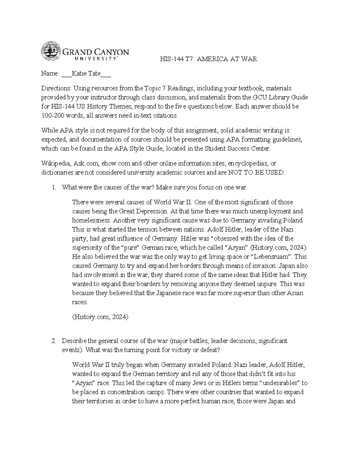 HIS-144-RS-America at War Worksheet - HIS-144 T7: AMERICA AT WAR Name ...