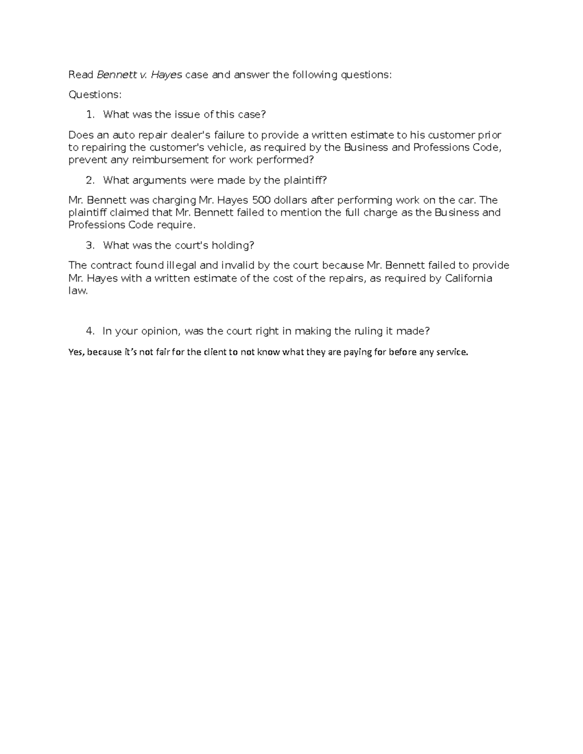 Contracts week 6 done - Read Bennett v. Hayes case - Read Bennett v ...