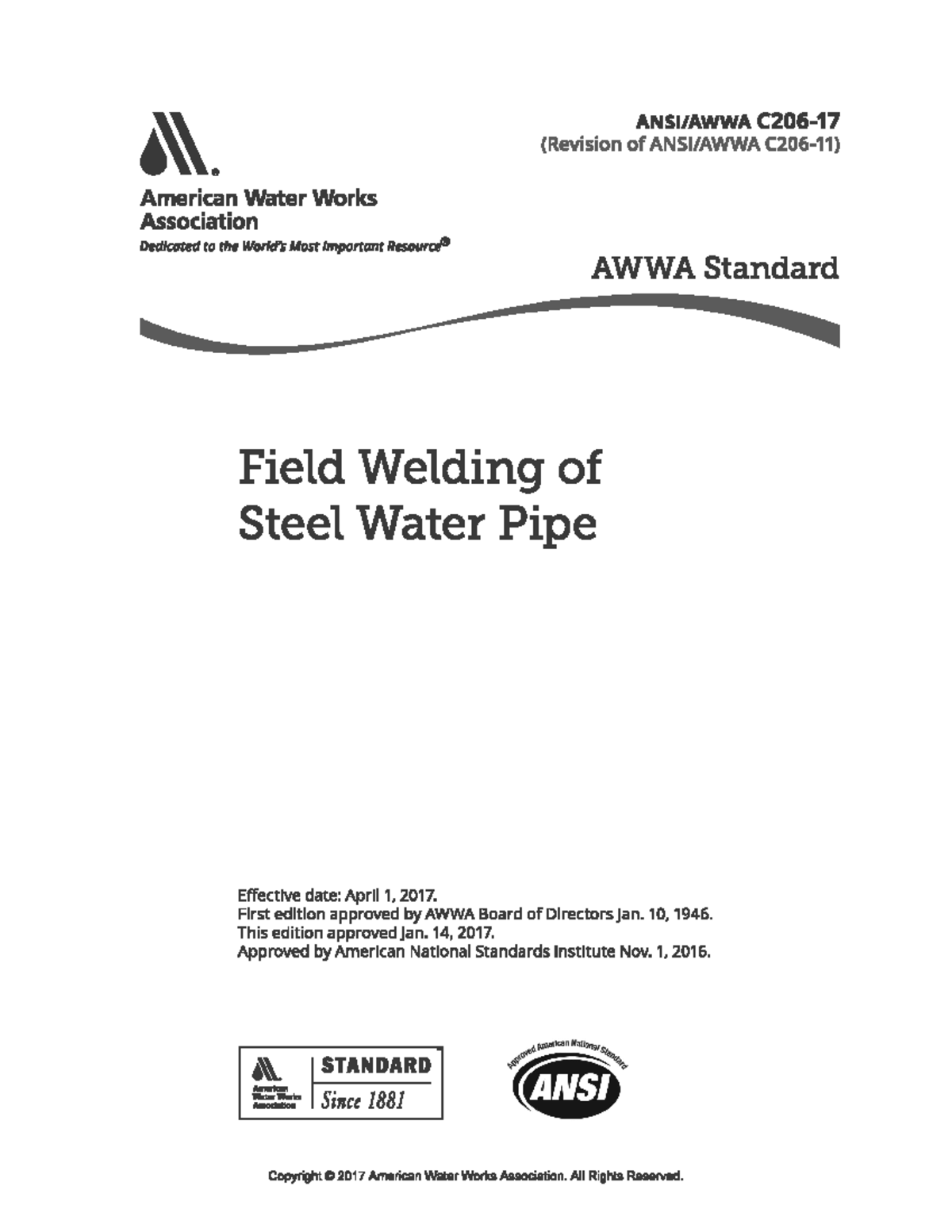 AWWA C206 17 field welding of steel water pipe - ANSI/AWWA C206 ...