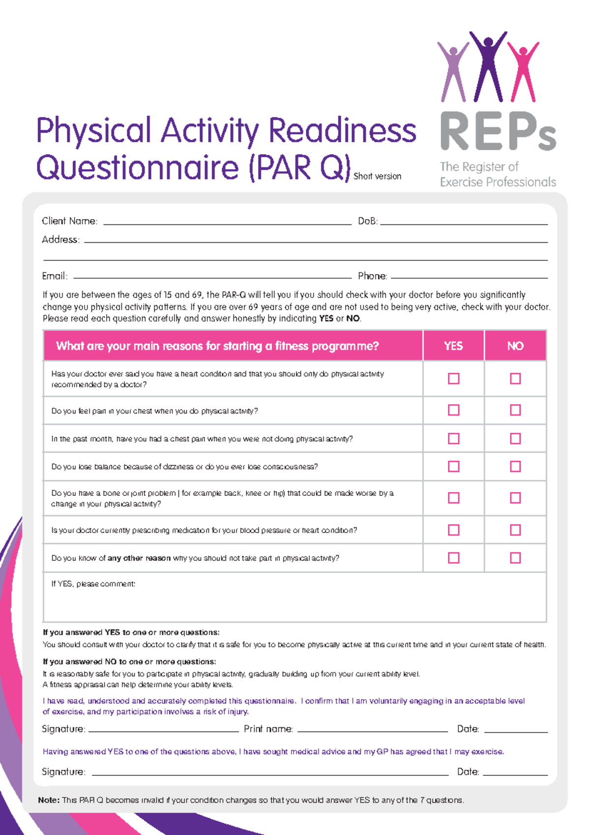 REP PAR Questionnaire - Physical Activity Readiness Questionnaire (PAR ...