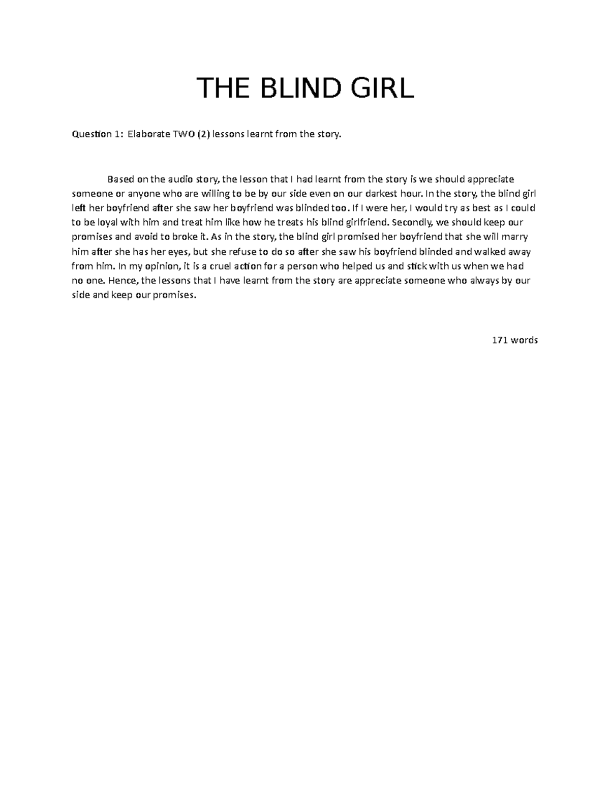 THE Blind GIRL - THE BLIND GIRL Question 1: Elaborate TWO (2) lessons ...