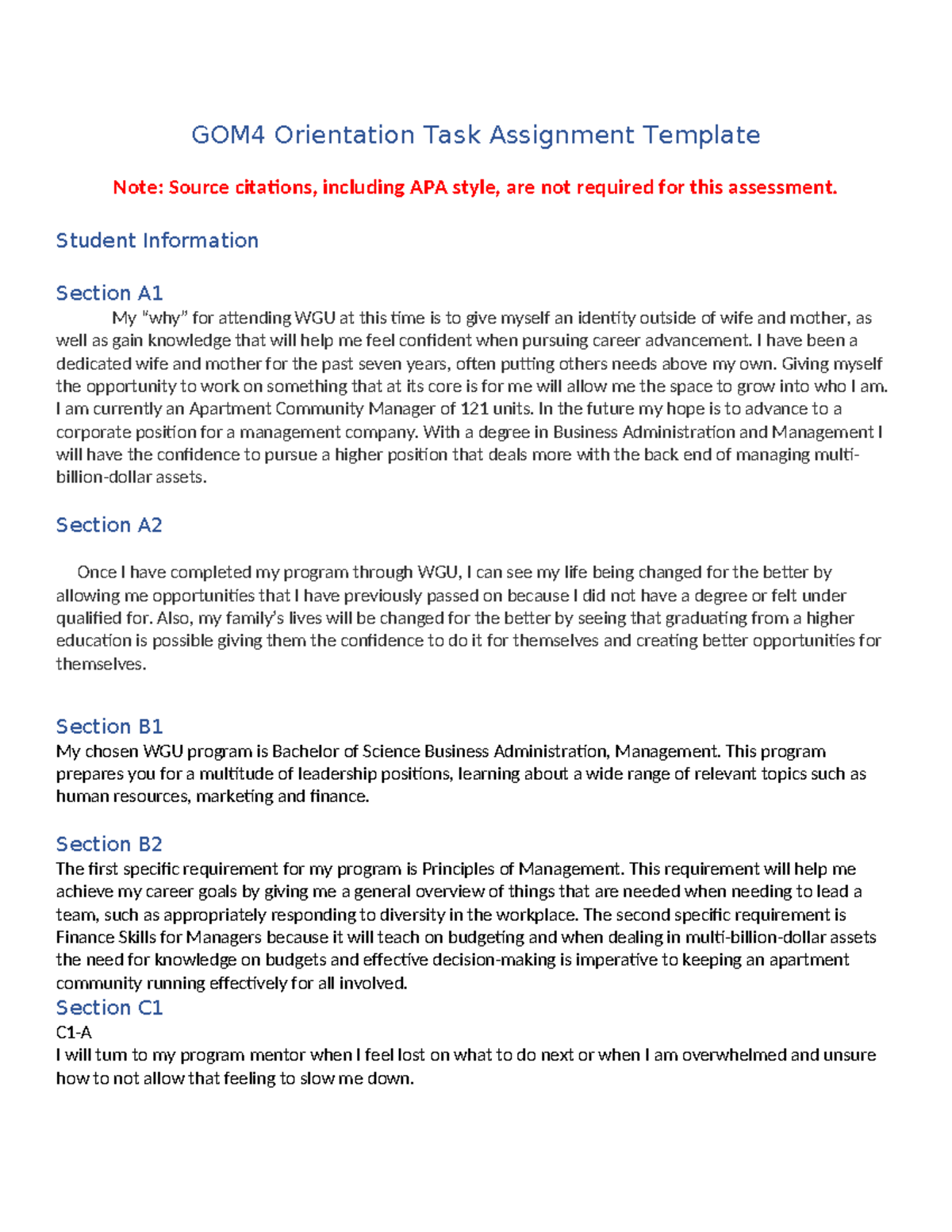 Orientation Task - Student Information Section A My “why” for attending ...