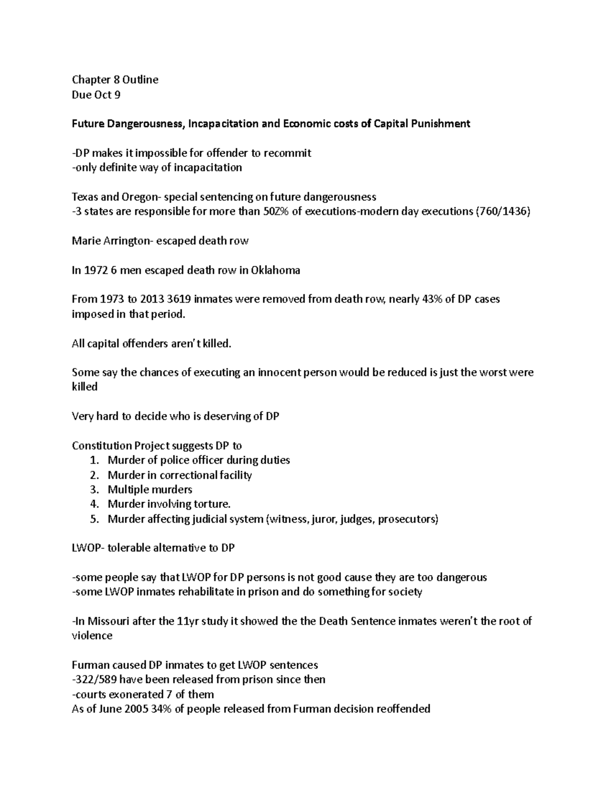 Chapter 8 Outline - Chapter 8 Outline Due Oct 9 Future Dangerousness, Incapacitation and ...