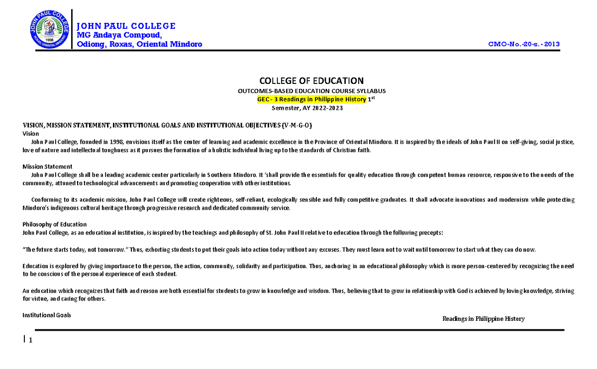 GEC 3 - Syllabus - can be used in general education courses - Readings ...