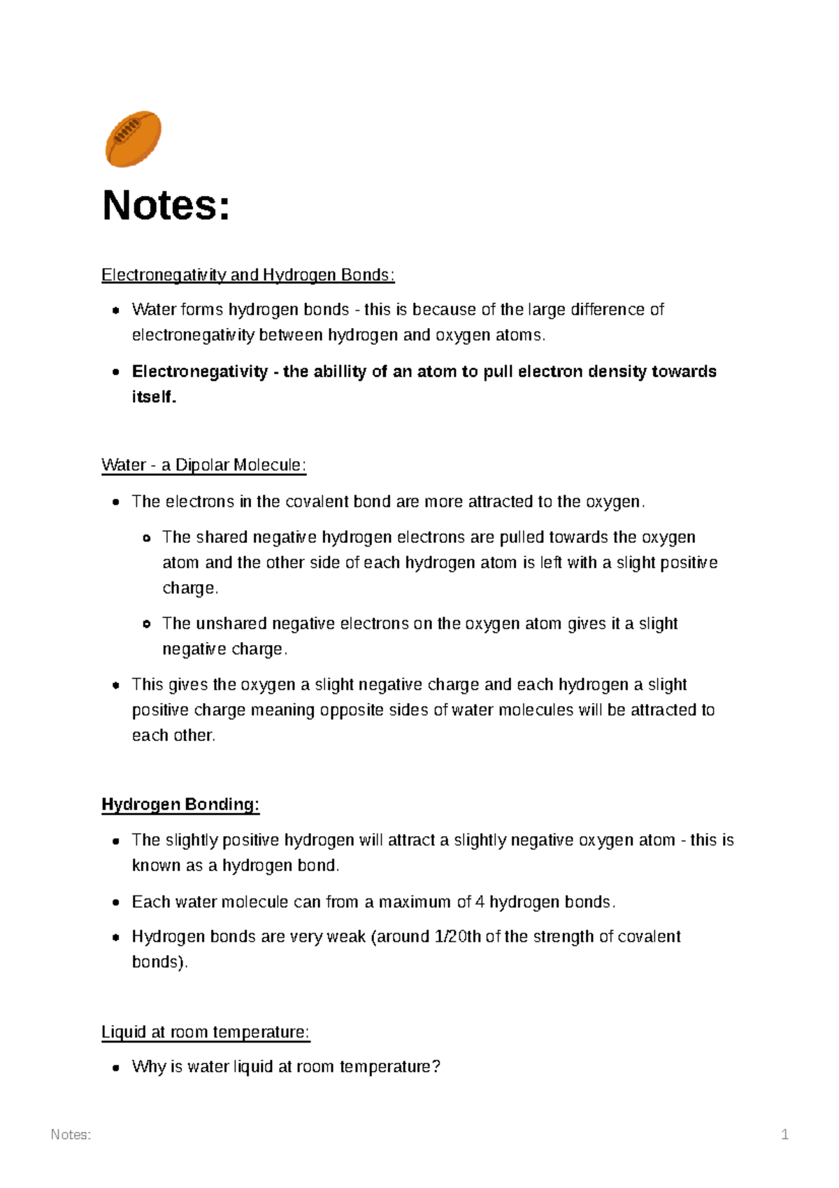 Lesson 1 and 2 - Water - Notes - 🏉 Notes: Electronegativity and ...