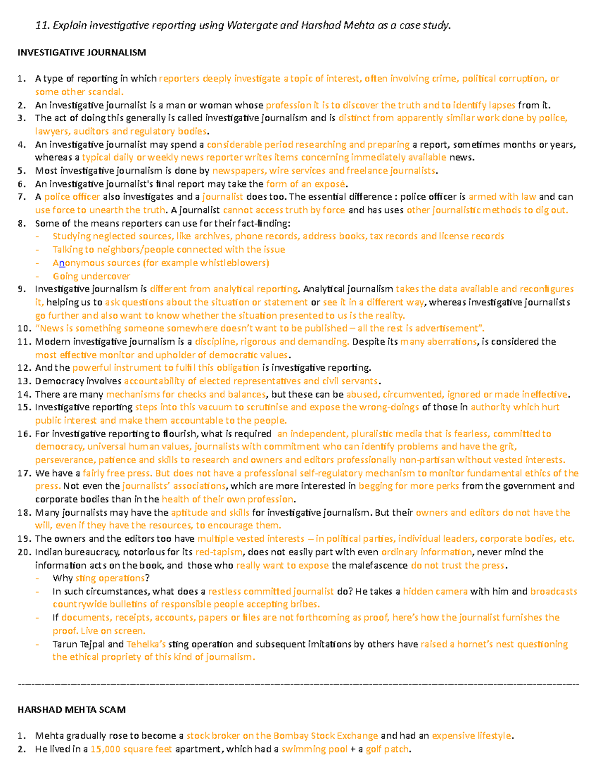 . Investigative Journalism, Harshad Mehta, Watergate (3) - 11. Explain ...