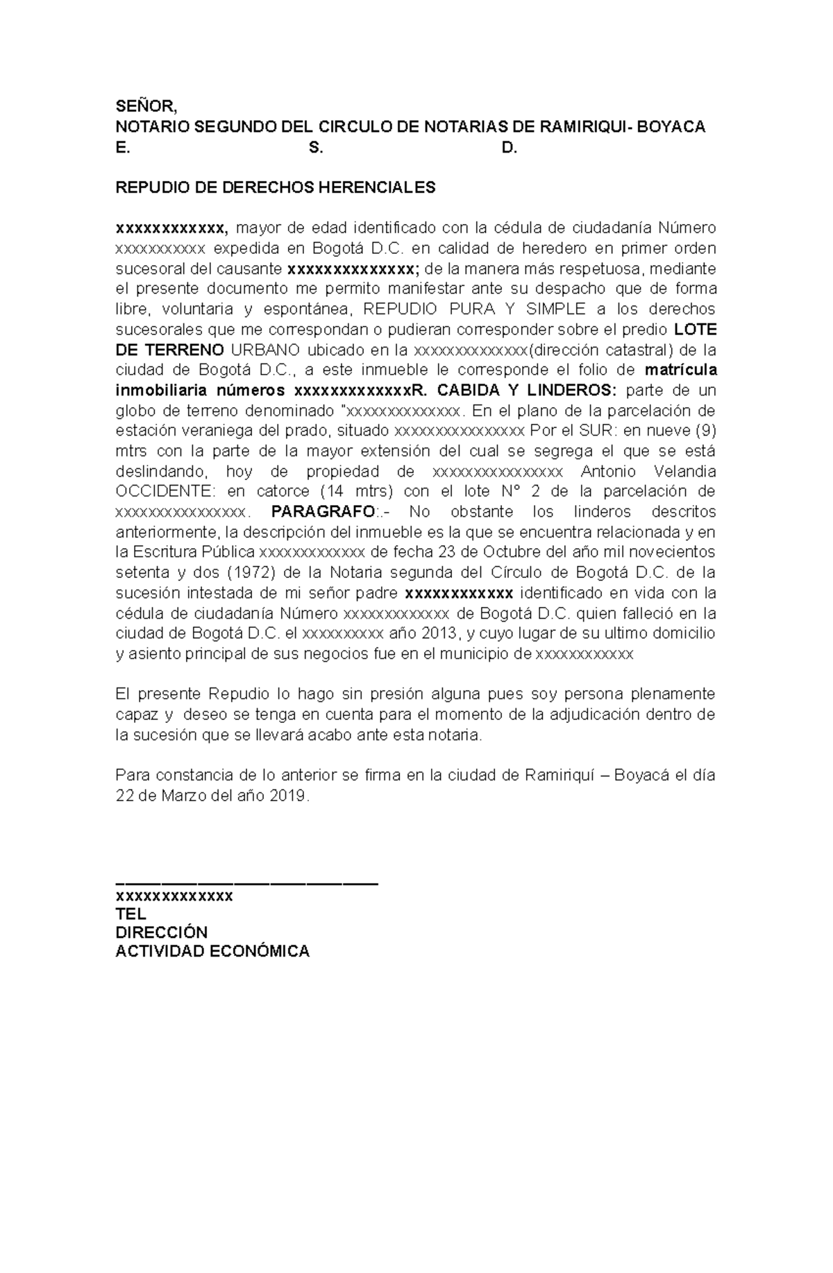 formato derecho herencia - SEÑOR, NOTARIO SEGUNDO DEL CIRCULO DE NOTARIAS DE RAMIRIQUI- BOYACA E ...