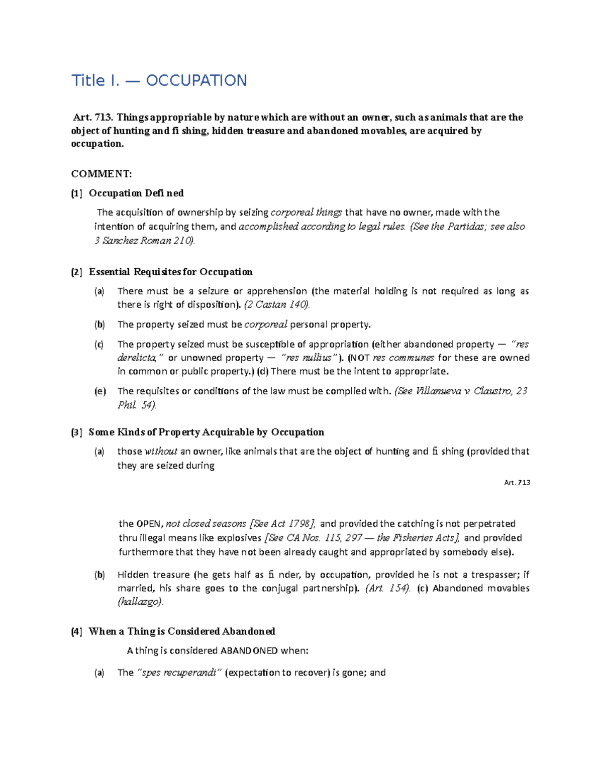 Property law m193 - Title I. — OCCUPATION Art. 713. Things appropriable ...