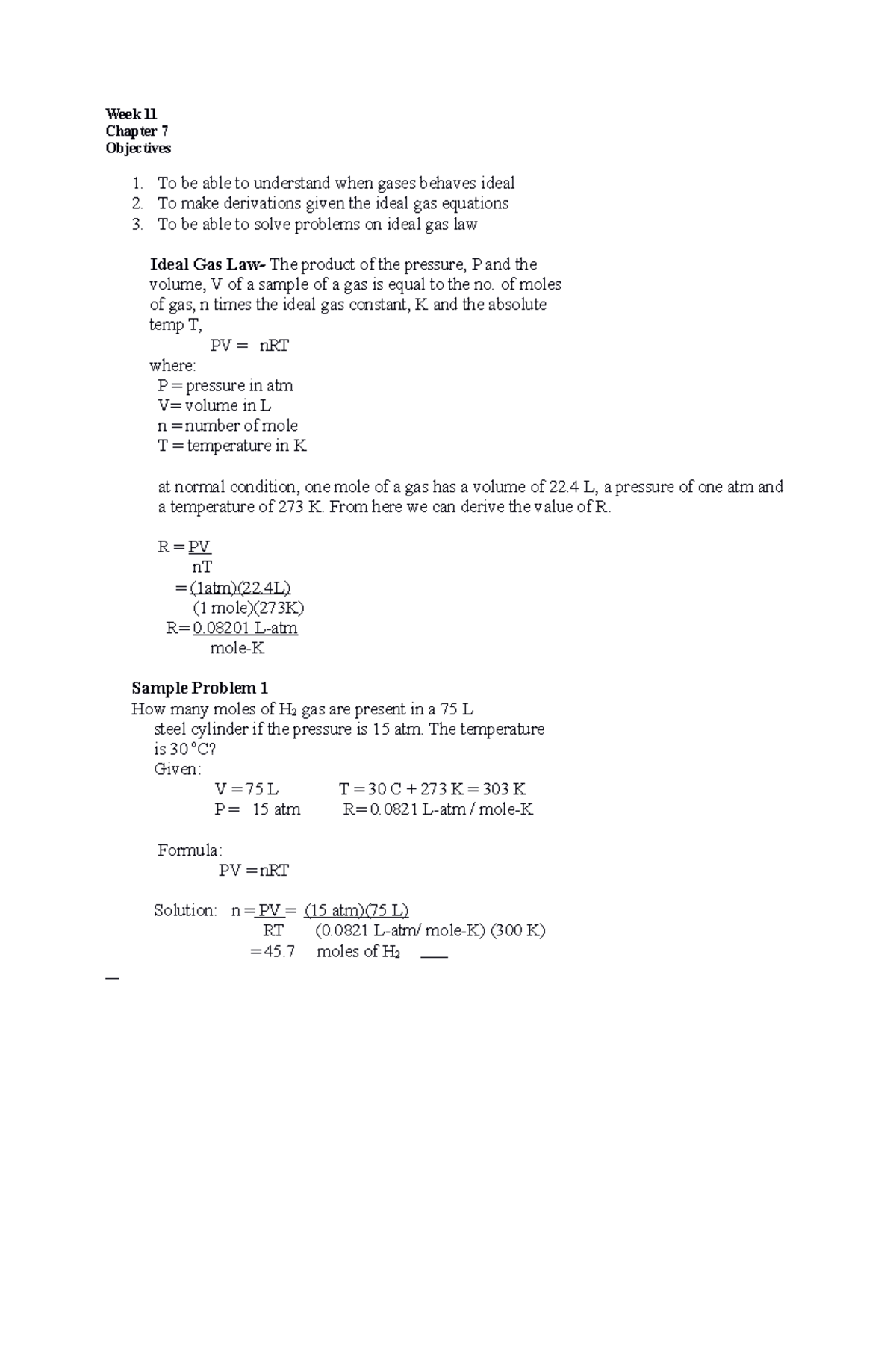 CHEM 111 WK 11 Gas Law B - Reviewer - Week 11 Chapter 7 Objectives 1. To be able to understand ...