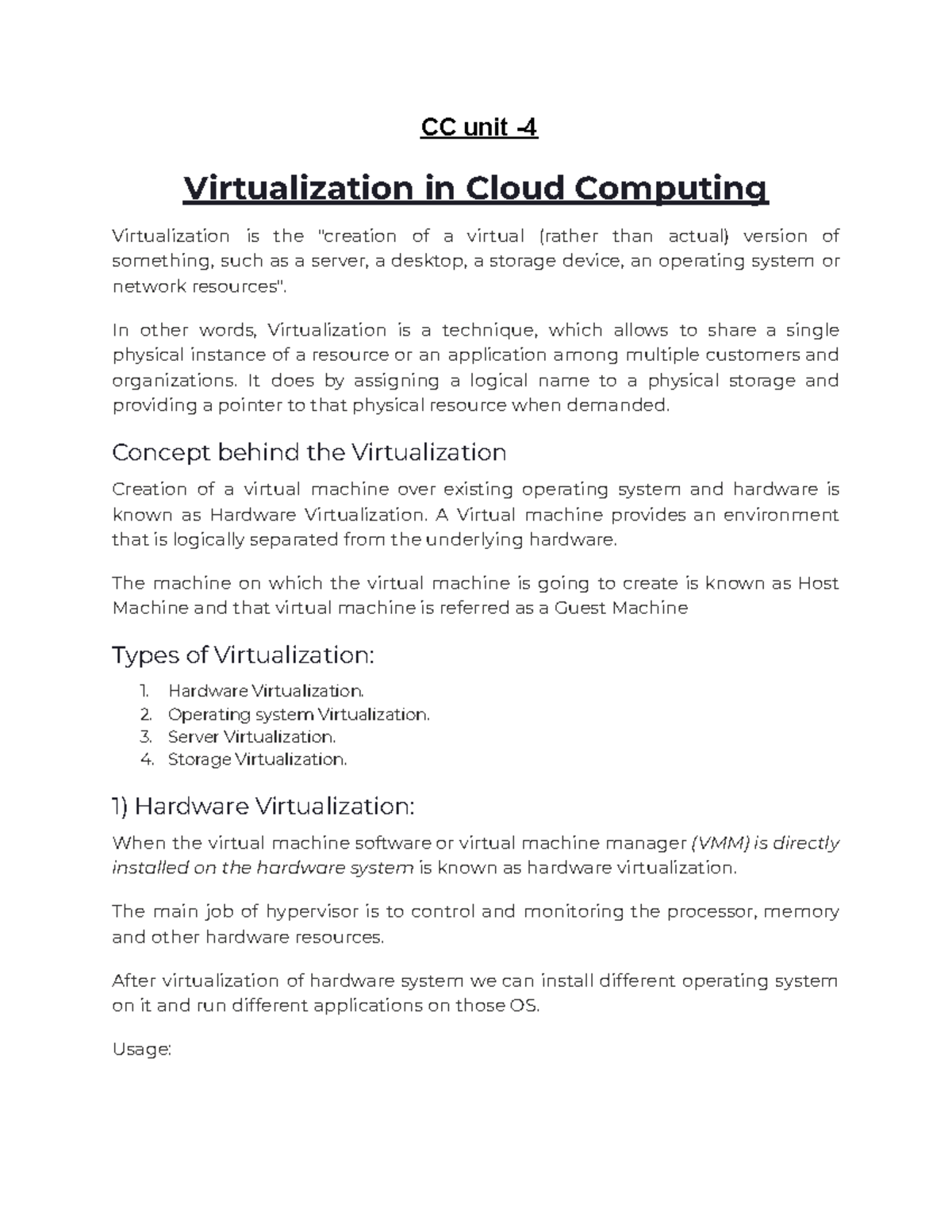 Cc Unit 4 Notes Cc Unit Virtualization In Cloud Computing Virtualization Is The Creation