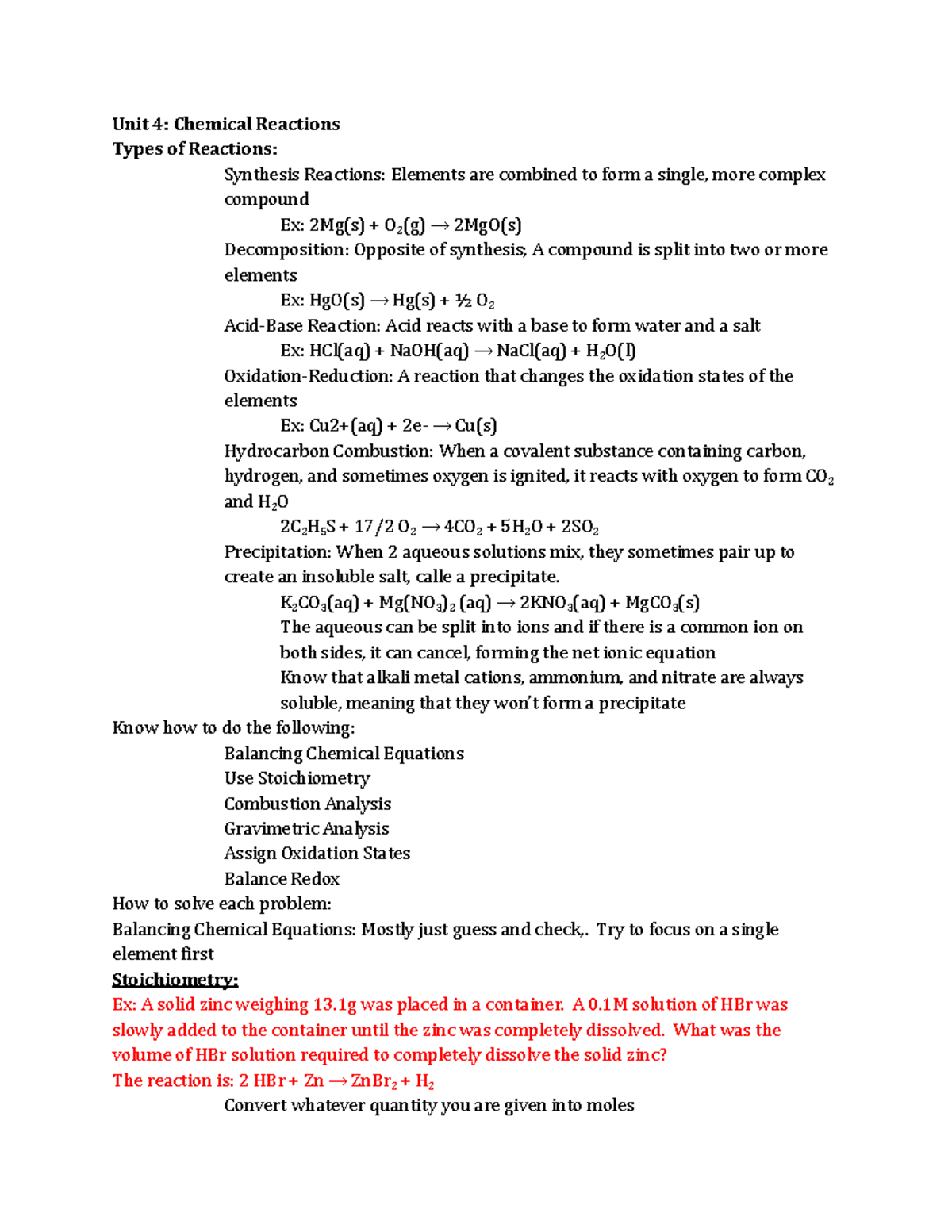 Unit 4 Chemical Reactions - Unit 4: Chemical Reactions Types of ...