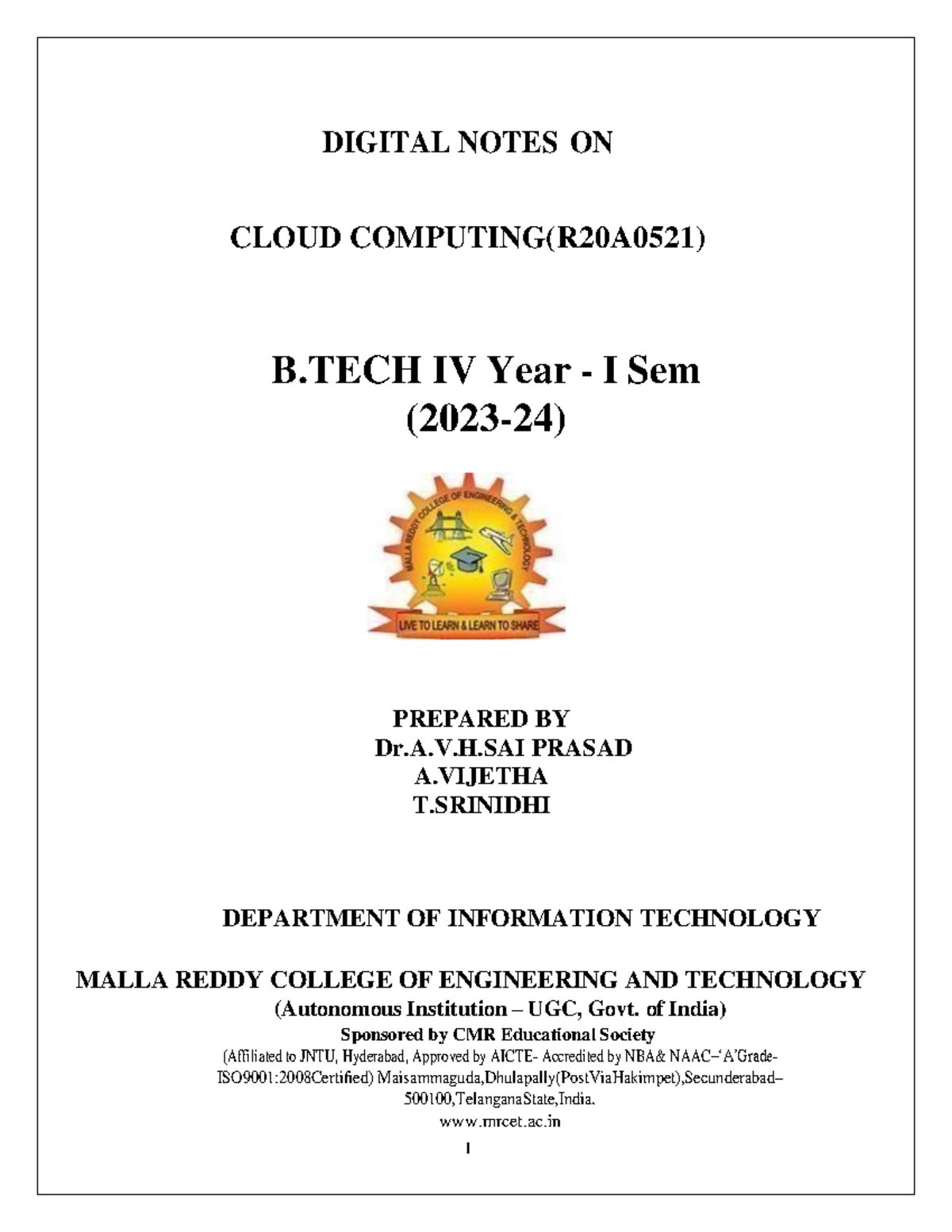 Cloud Computing - Jjvvj - DIGITAL NOTES ON CLOUD COMPUTING(R20A0521) B ...
