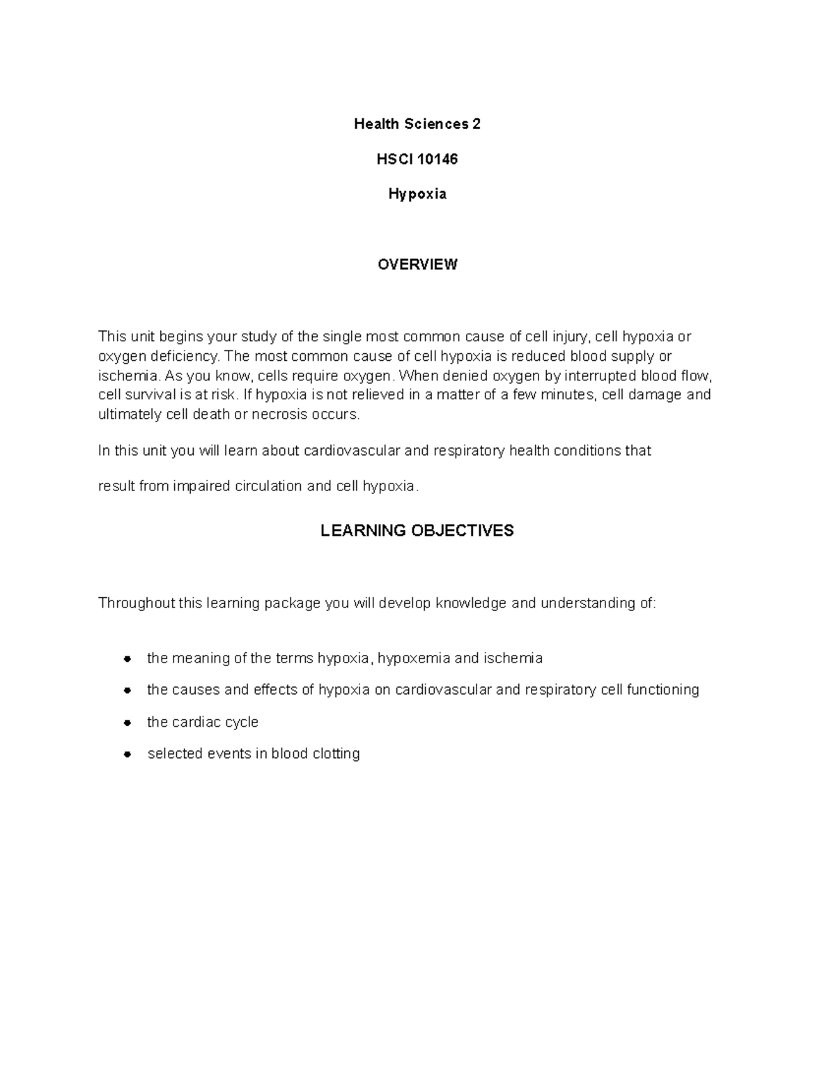 Health Sciences 2 - week 5 - Hypoxia - Health Sciences 2 HSCI 10146 ...