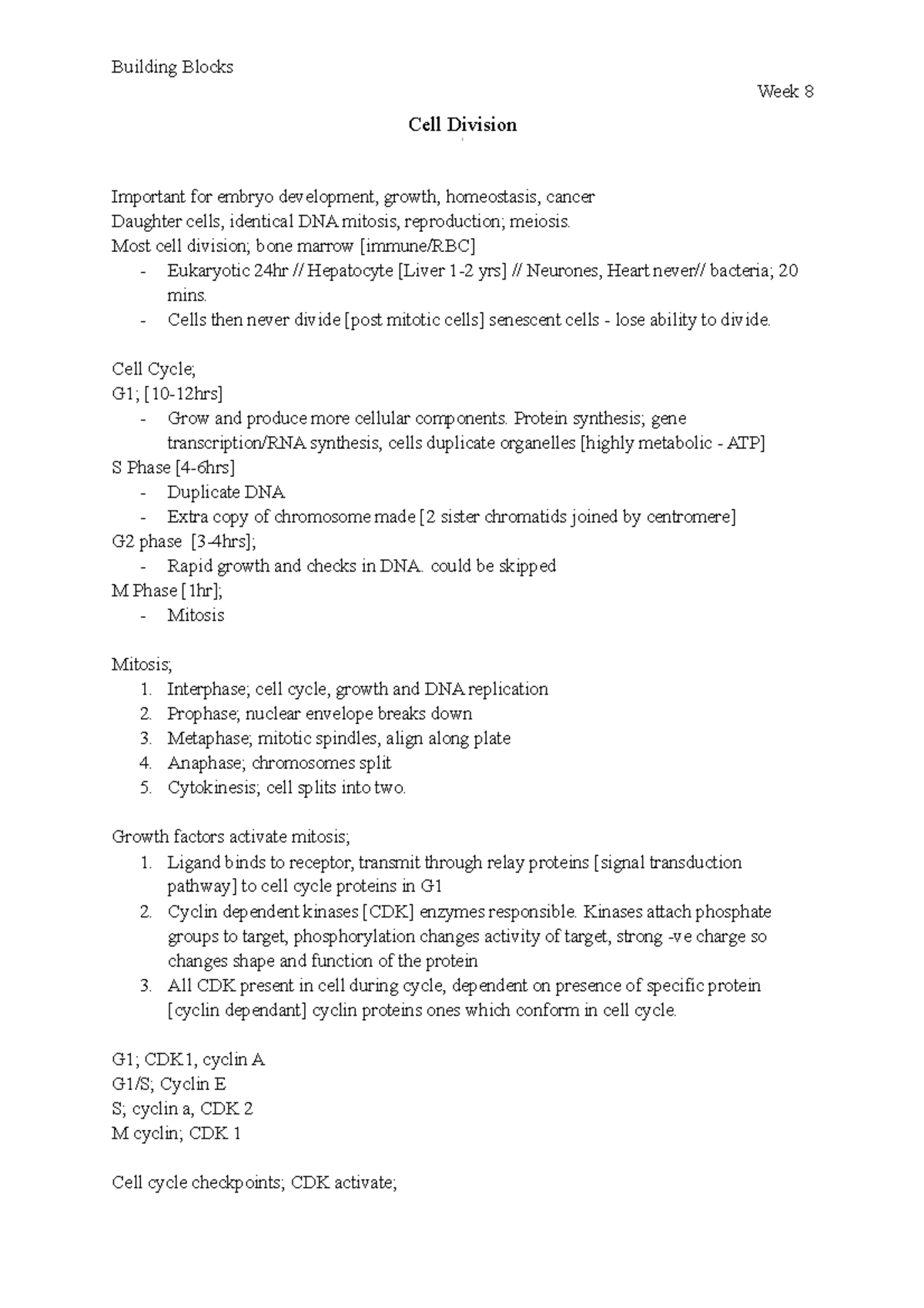 Cell Division -w8 - Lecture notes 8 - Building Blocks Week 8 Cell ...
