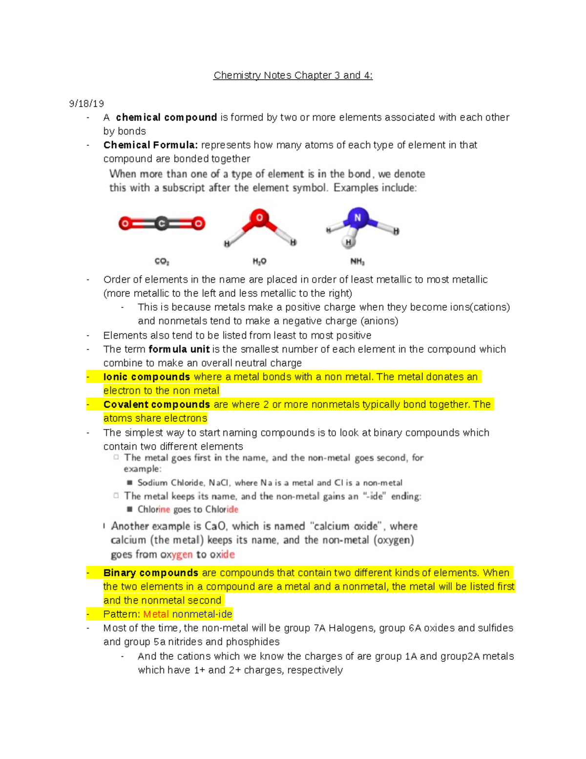 Chemistry Notes Chapter 3 and 4 - Chemistry Notes Chapter 3 and 4: 9/18 ...