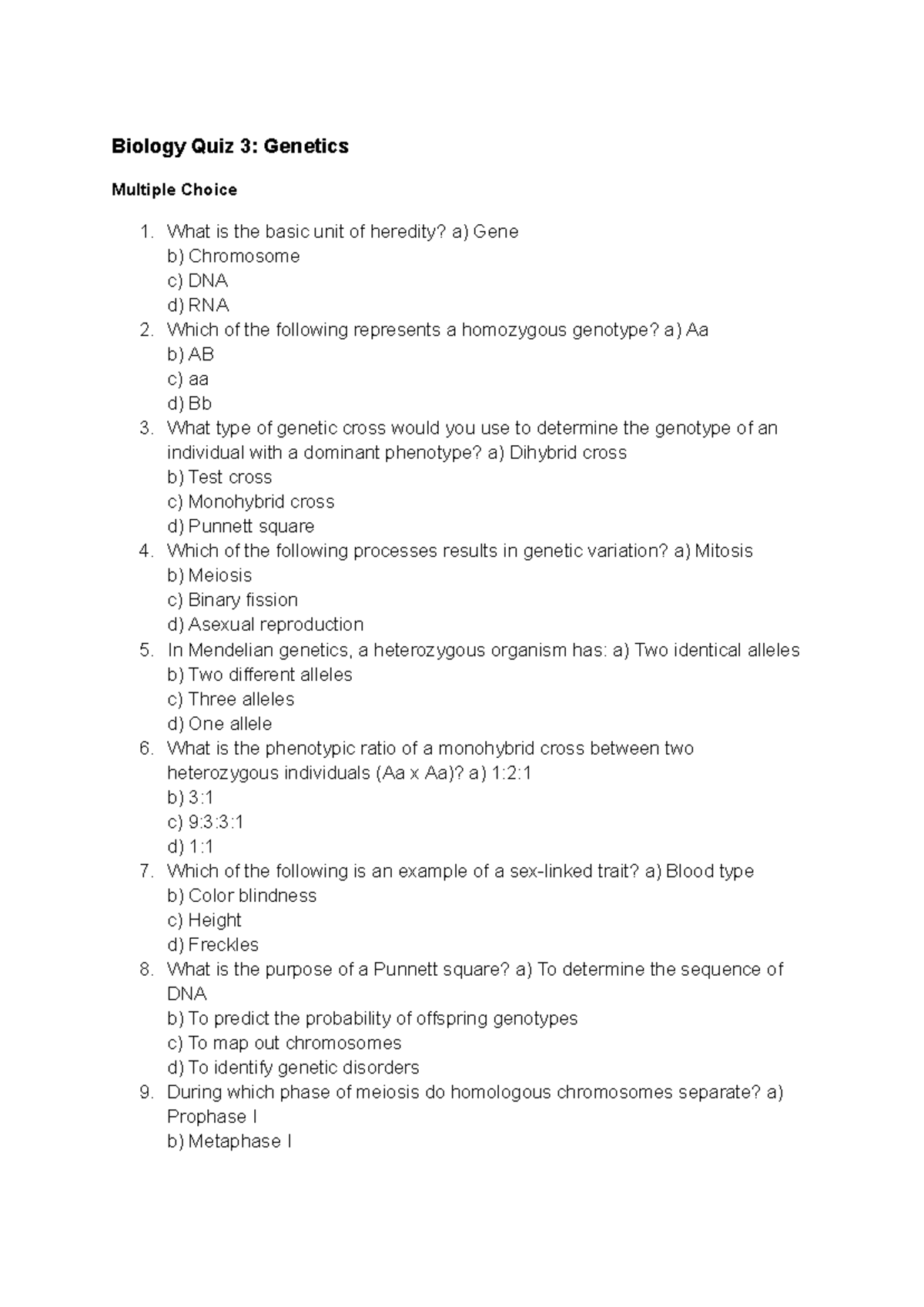 Biology Quiz 3 Genetics - Google Docs - Biology Quiz 3: Genetics ...