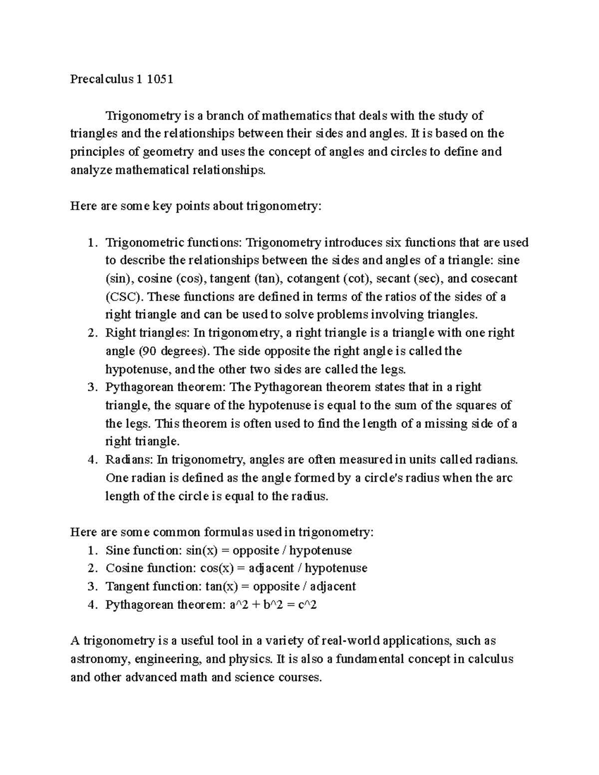 Trigonometry In Precalc 1 Precalculus 1 1051 Trigonometry Is A Branch Of Mathematics That